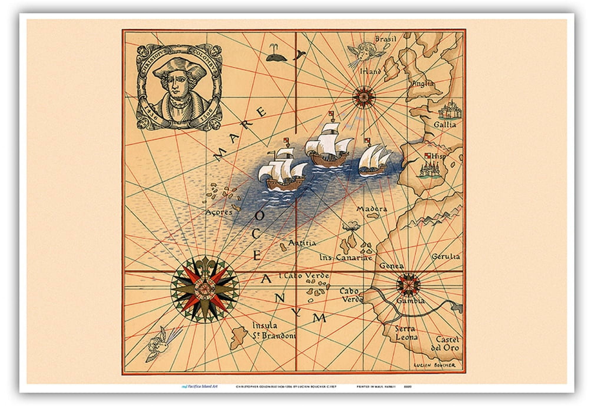 Christopher Colombus 1436-1506 - Trans-Atlantic Map - Vintage Pictorial ...