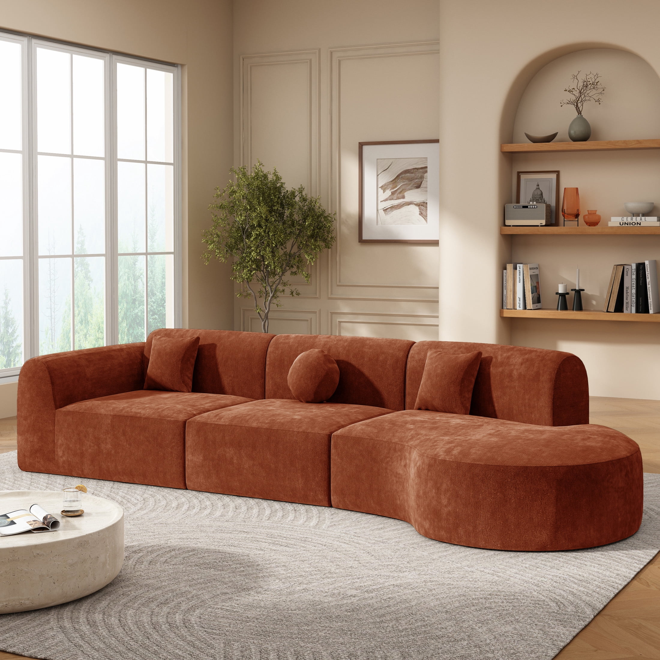Christopher Knight Home 140" Curved Sectional Sofa with 3 Pillows, 6 ...