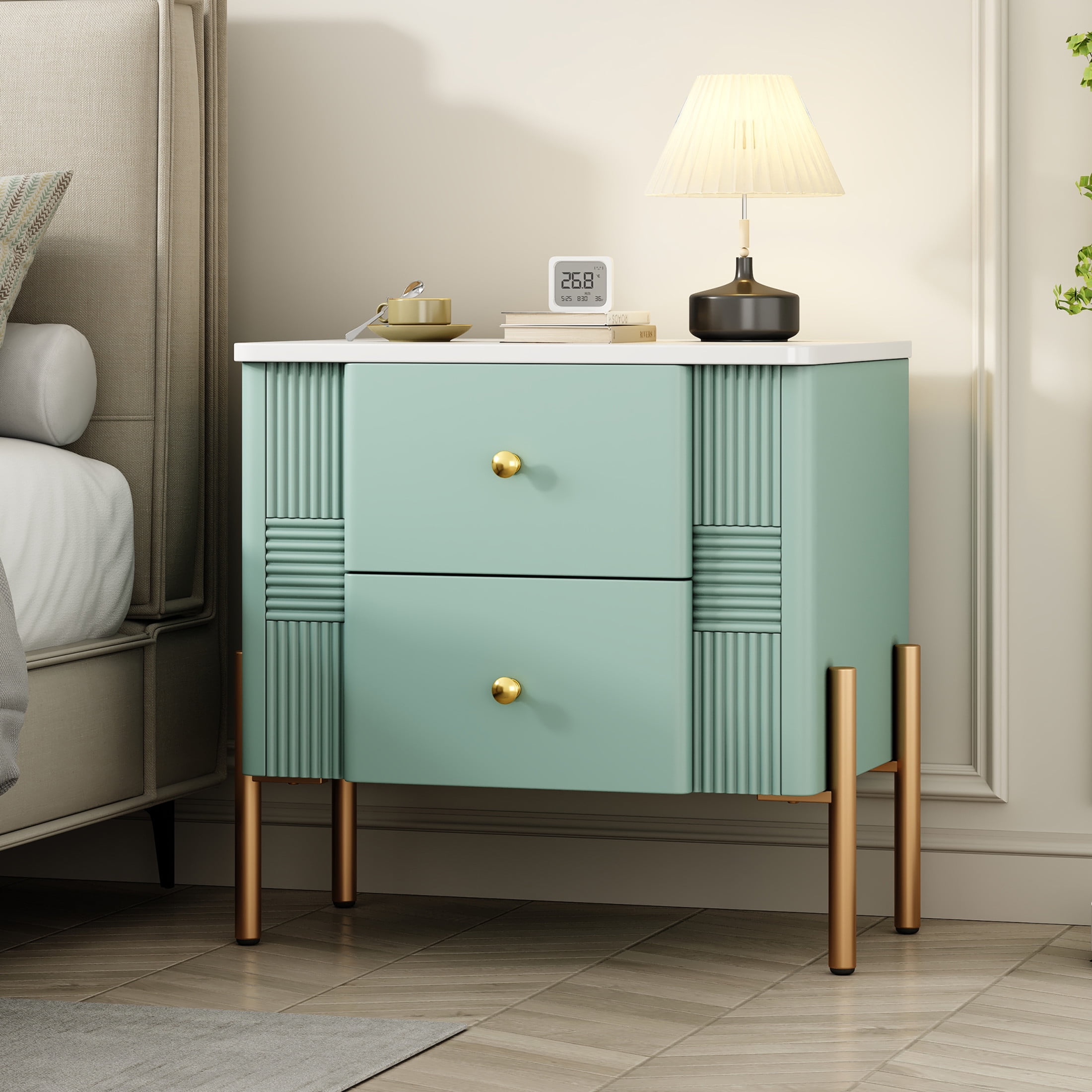 Christopher Knight Home 2-Drawer Nightstand, Bedside Table with Gold Metal Handles and Legs ...