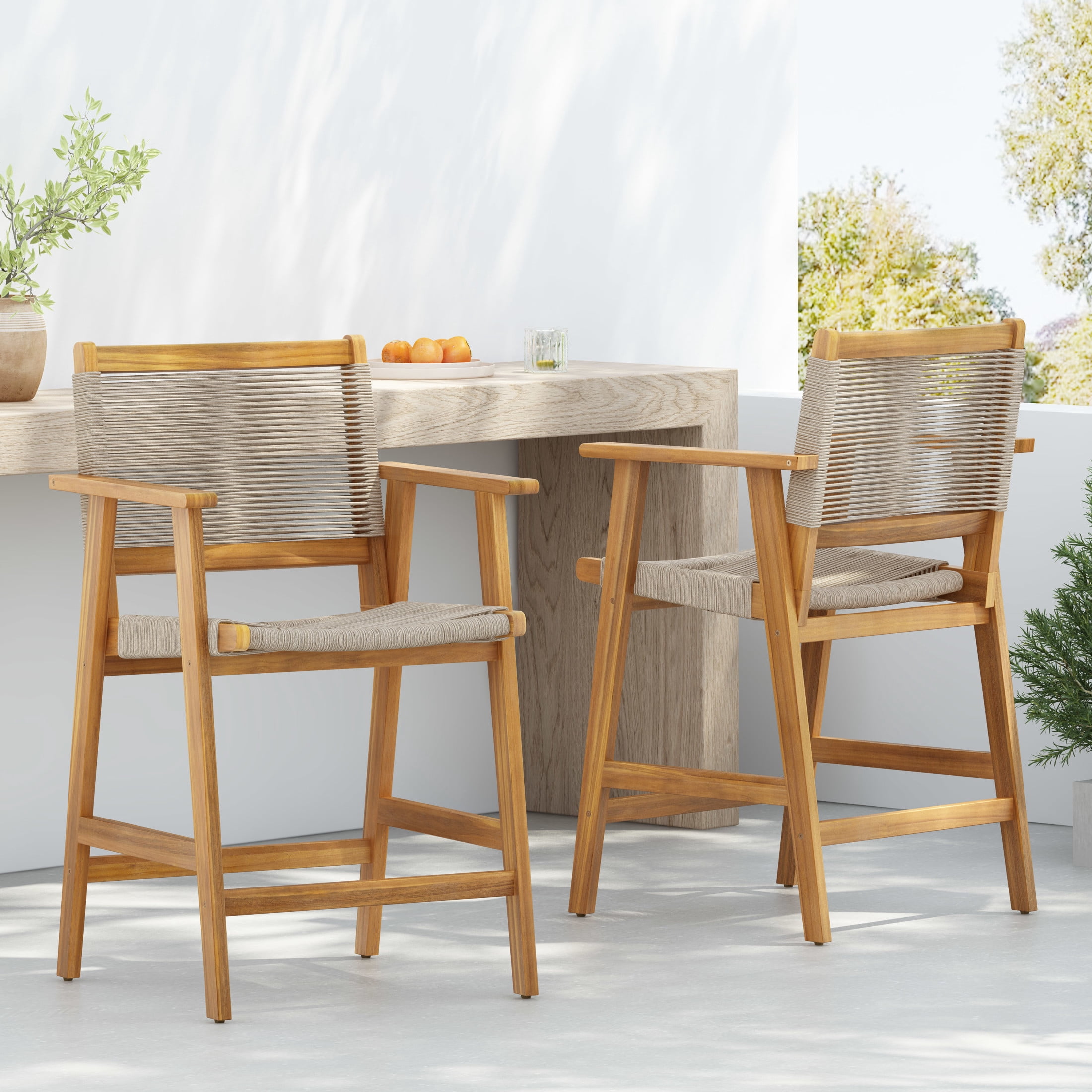 Christopher Knight Home 25” Wood Outdoor Counter Stool with Beige Rope ...