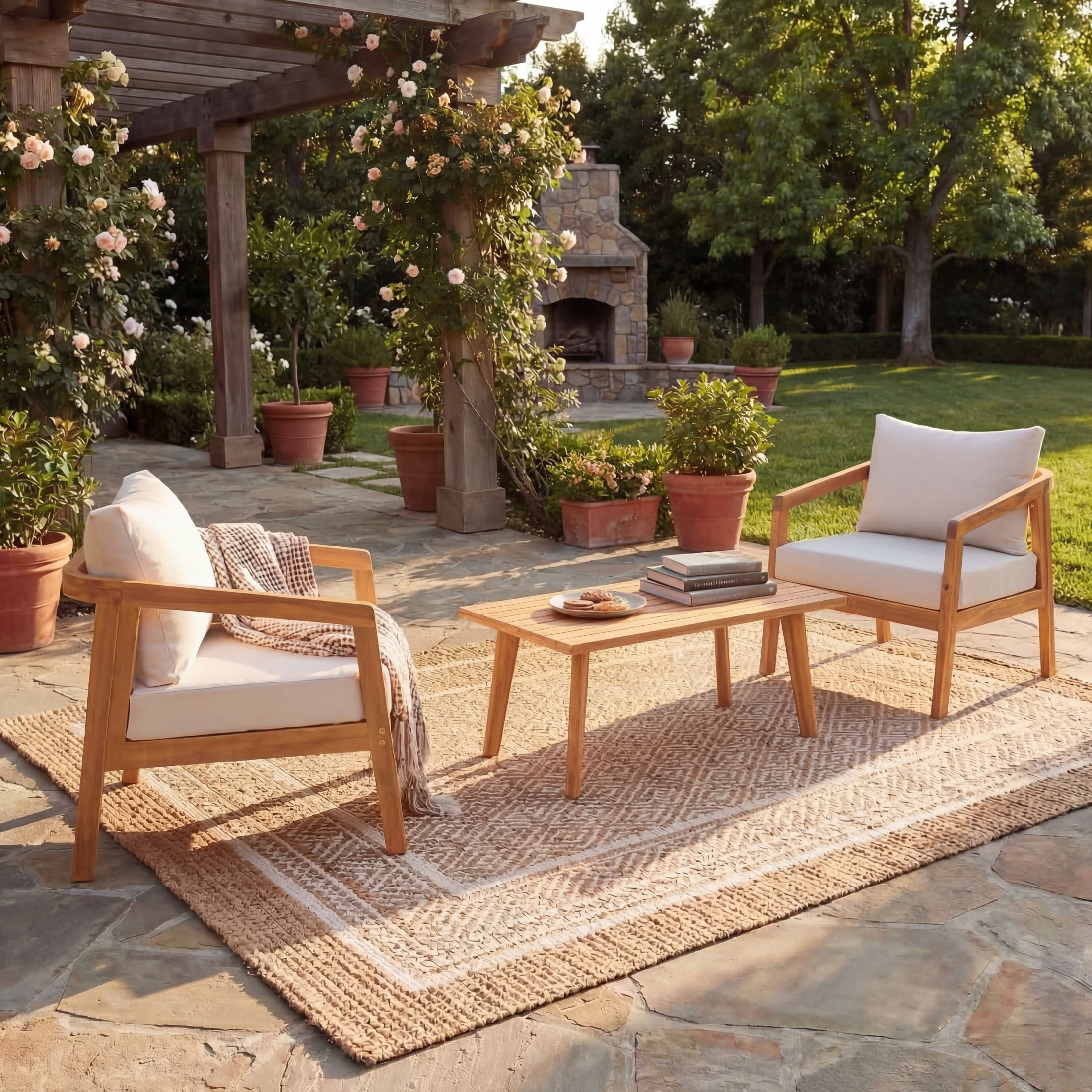 Christopher Knight Home 3-Piece Outdoor Patio Chat Set, Natural Acacia ...