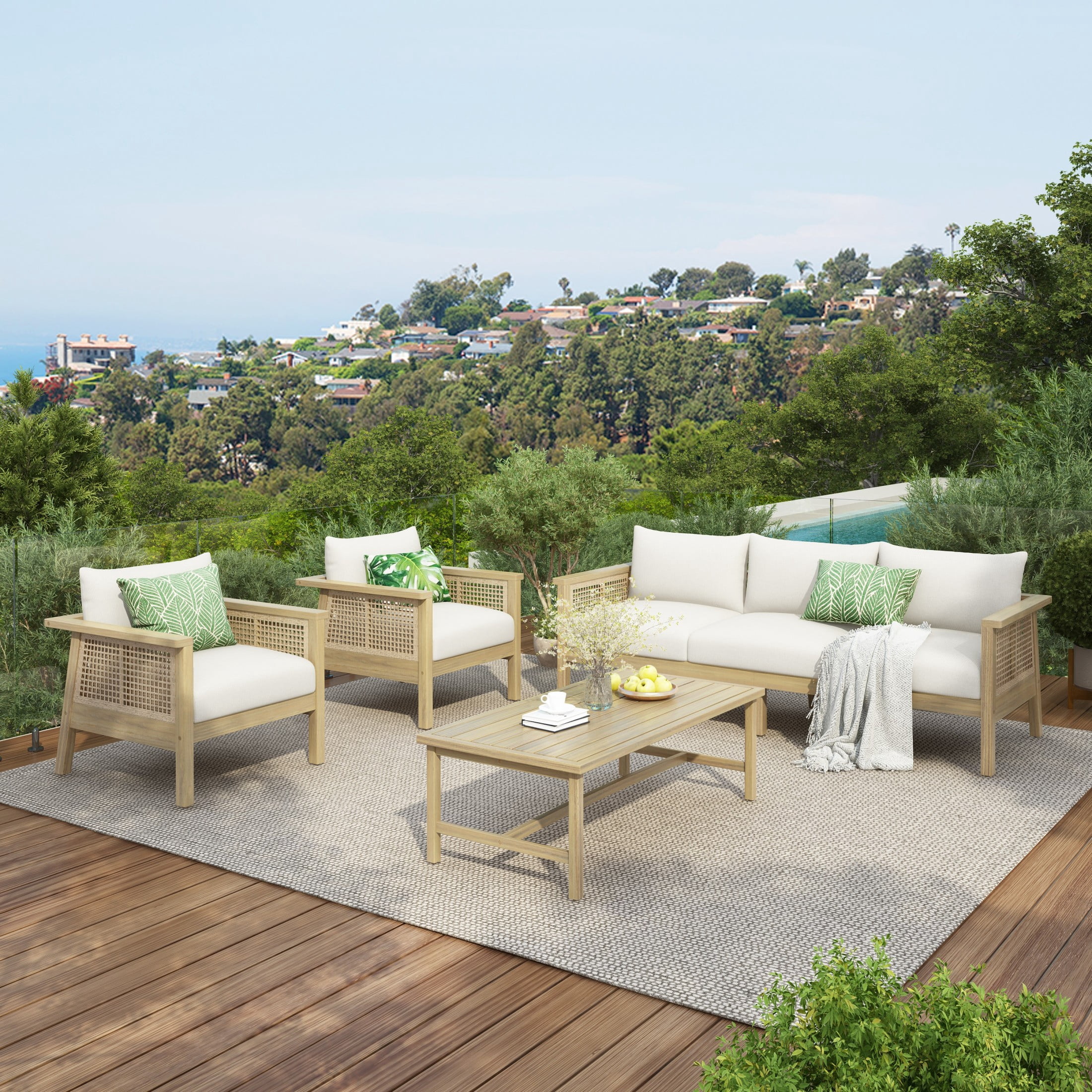 Christopher Knight Home 4-Piece Patio Acacia Wood Conversation Set with ...