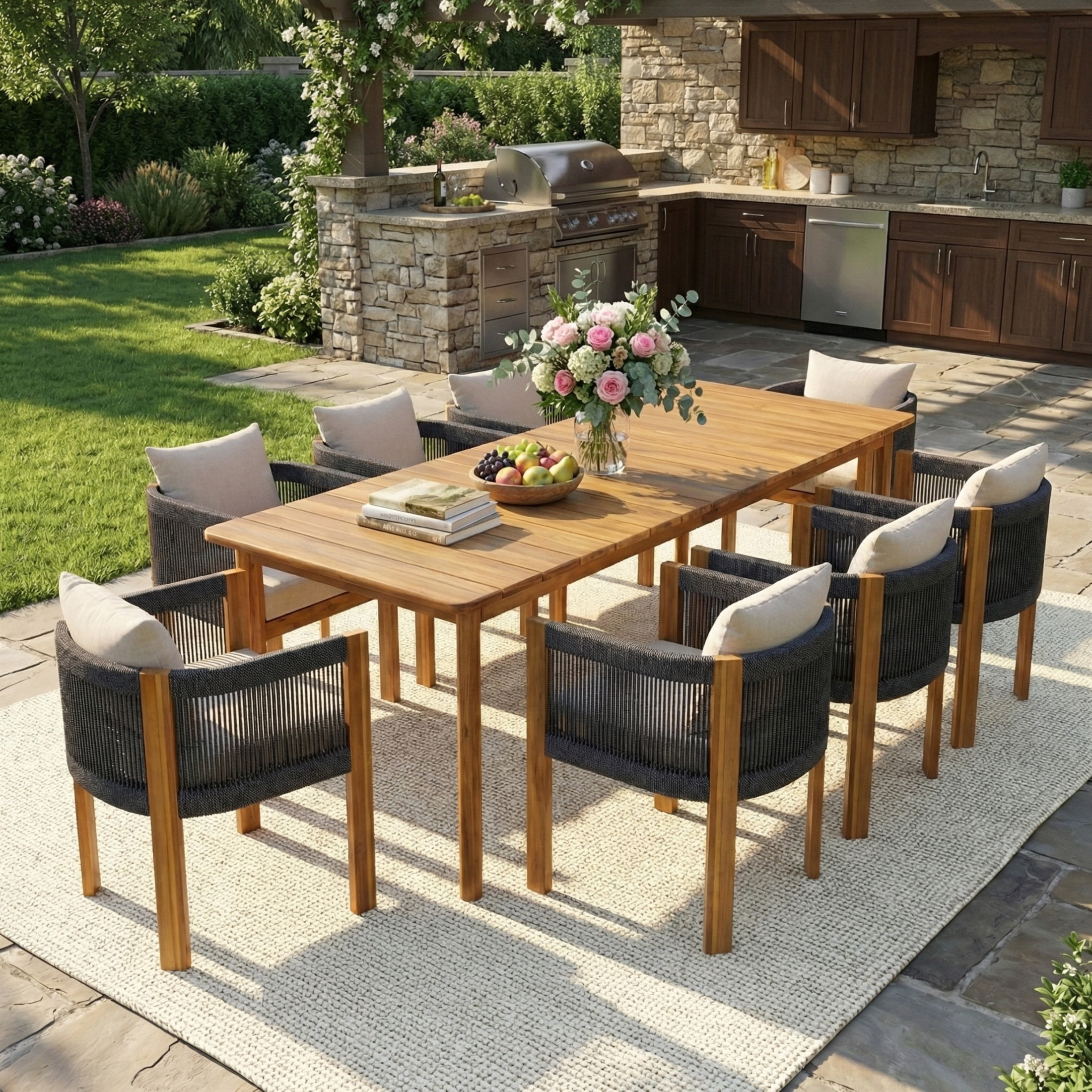 Christopher Knight Home 9-Piece Outdoor Wooden Dining Set, 79" Table ...