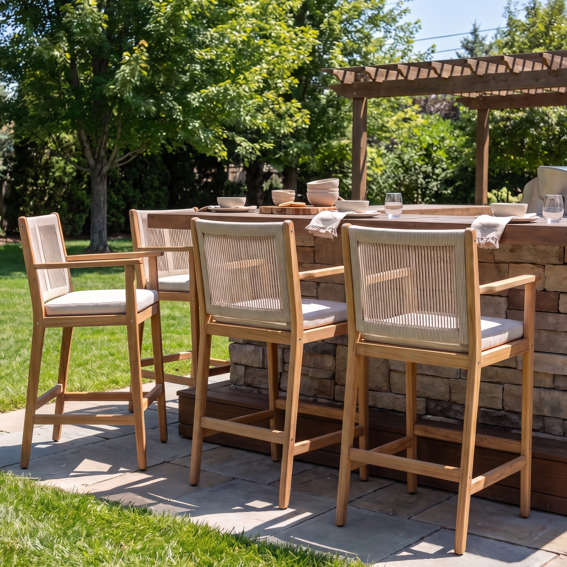 Christopher Knight Home Acacia Wood Outdoor Bar Stools with Rope Back ...