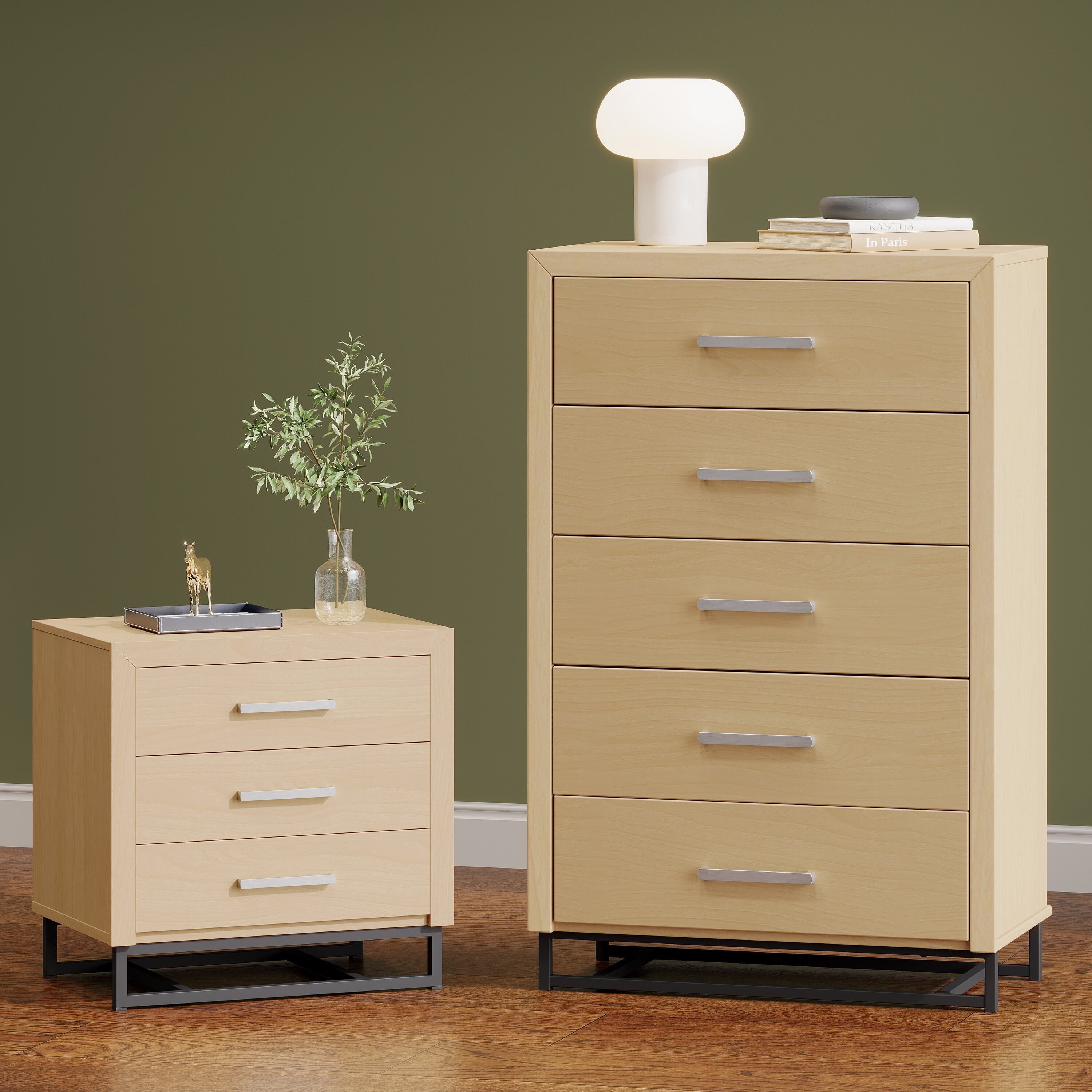 Christopher Knight Home Beeson 2 Piece 5 Drawer Dresser and Nightstand Bedroom Set by Natural ...