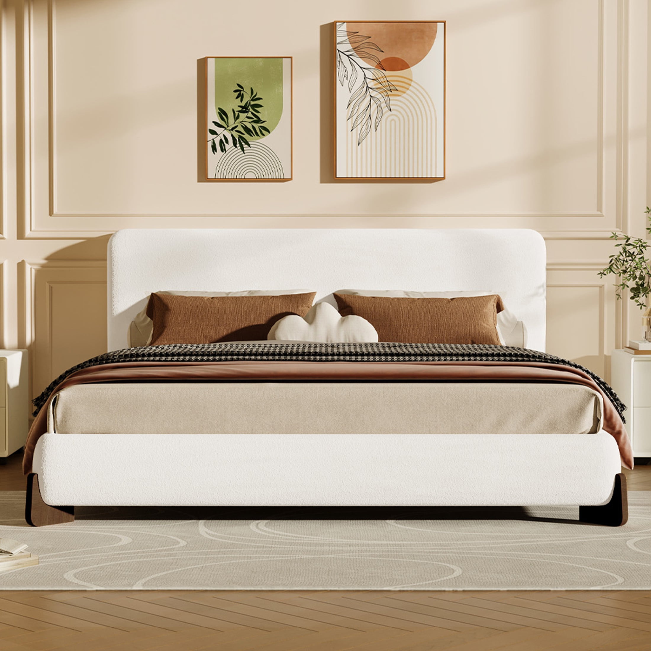 Christopher Knight Home Boucle Upholstered King Bed with Curved Wood ...