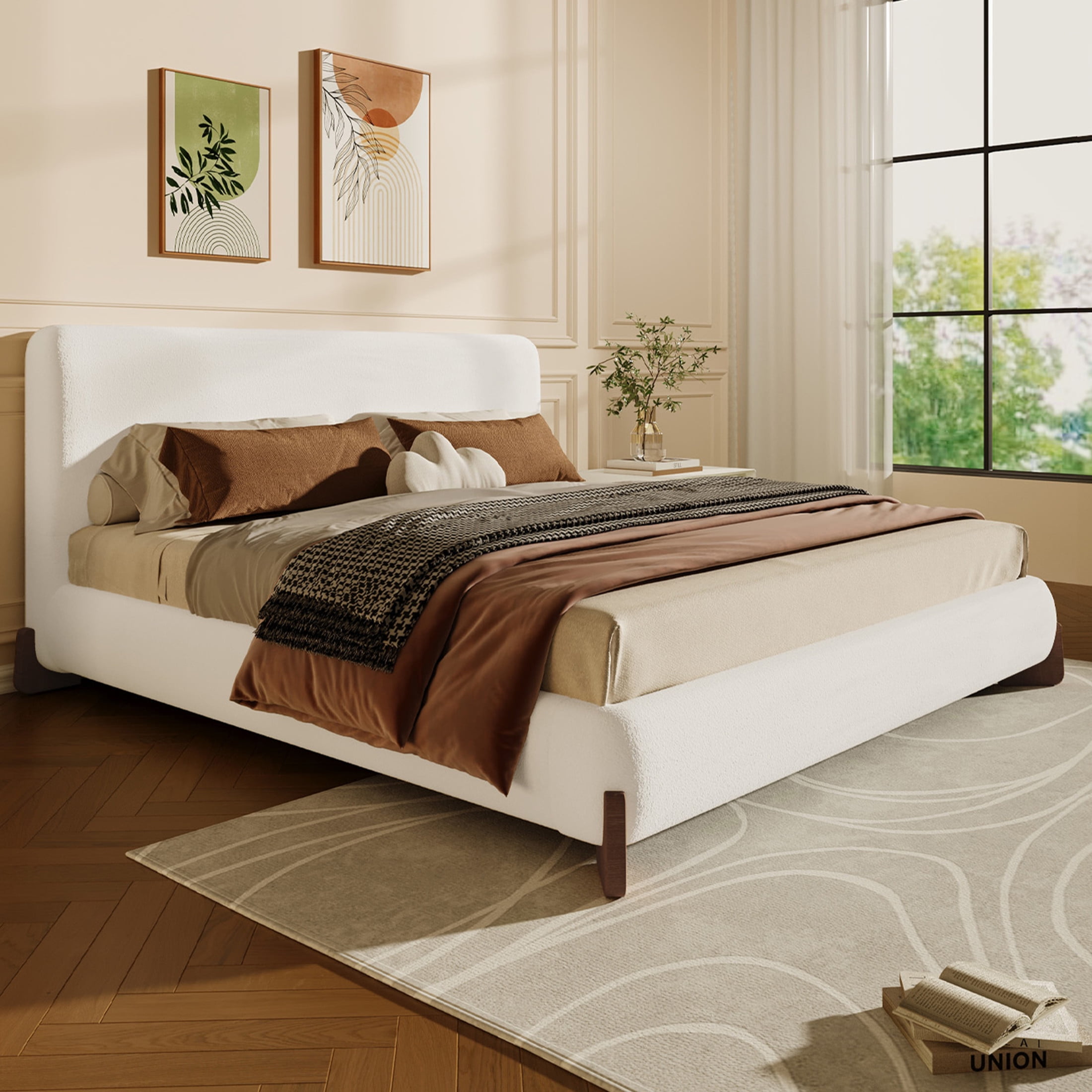 Christopher Knight Home Boucle Upholstered Queen Bed with Curved Wood ...