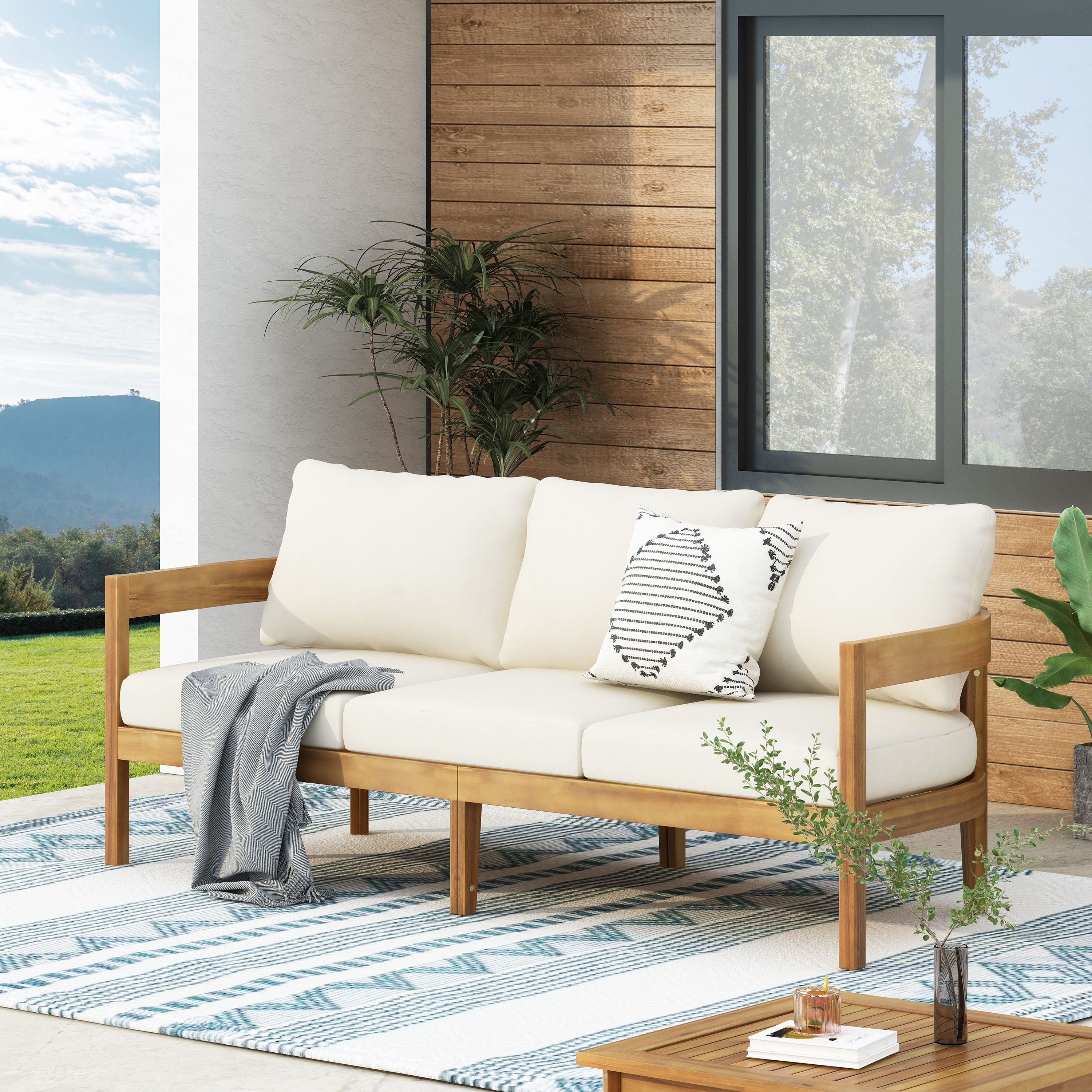 Christopher Knight Home Brooklyn 3 Seater Outdoor Acacia Wood Sofa with ...