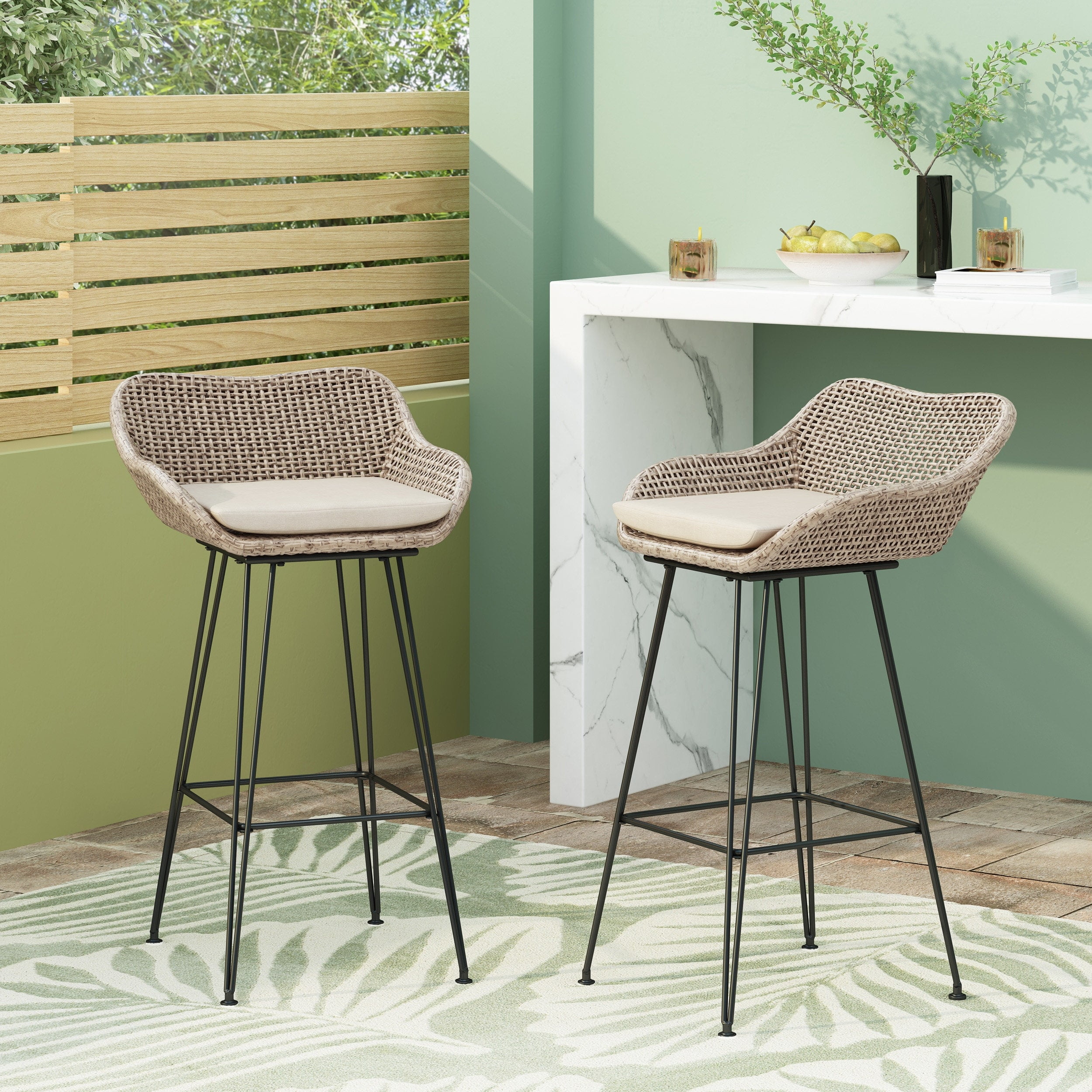 Christopher Knight Home Kevin Outdoor Wicker and Iron Barstool (Set of ...