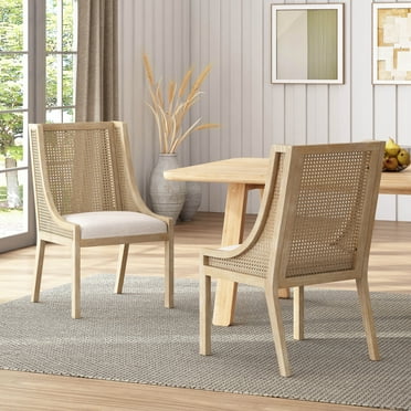 GDF Studio Wendell Rustic Upholstered Wood & Cane Kitchen Dining Chairs ...