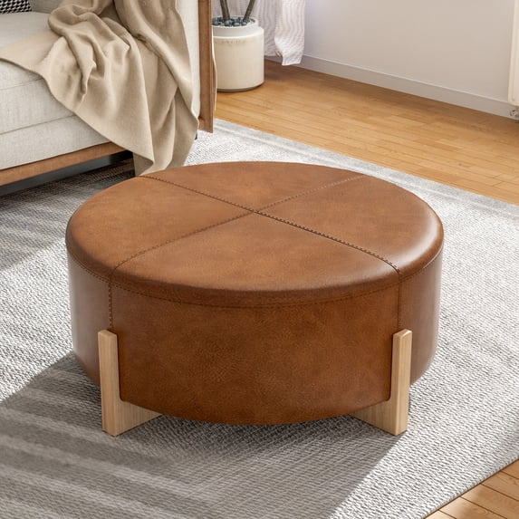 Christopher Knight Home Modern 34" Round PU Leather Ottoman with Solid ...