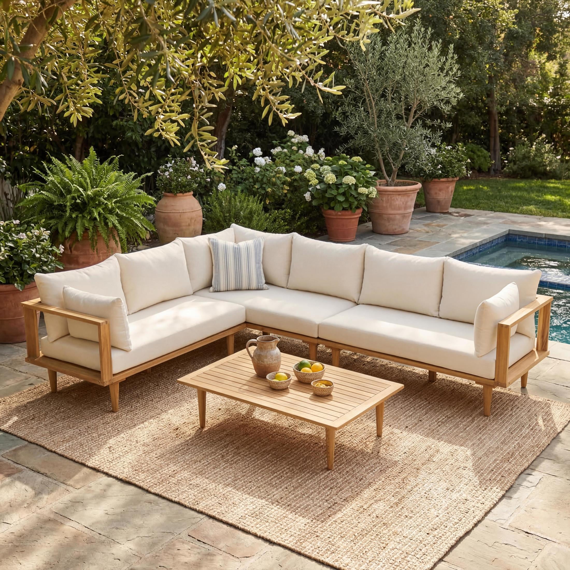Christopher Knight Home Outdoor Acacia Wood L-Shaped Sectional Sofa ...