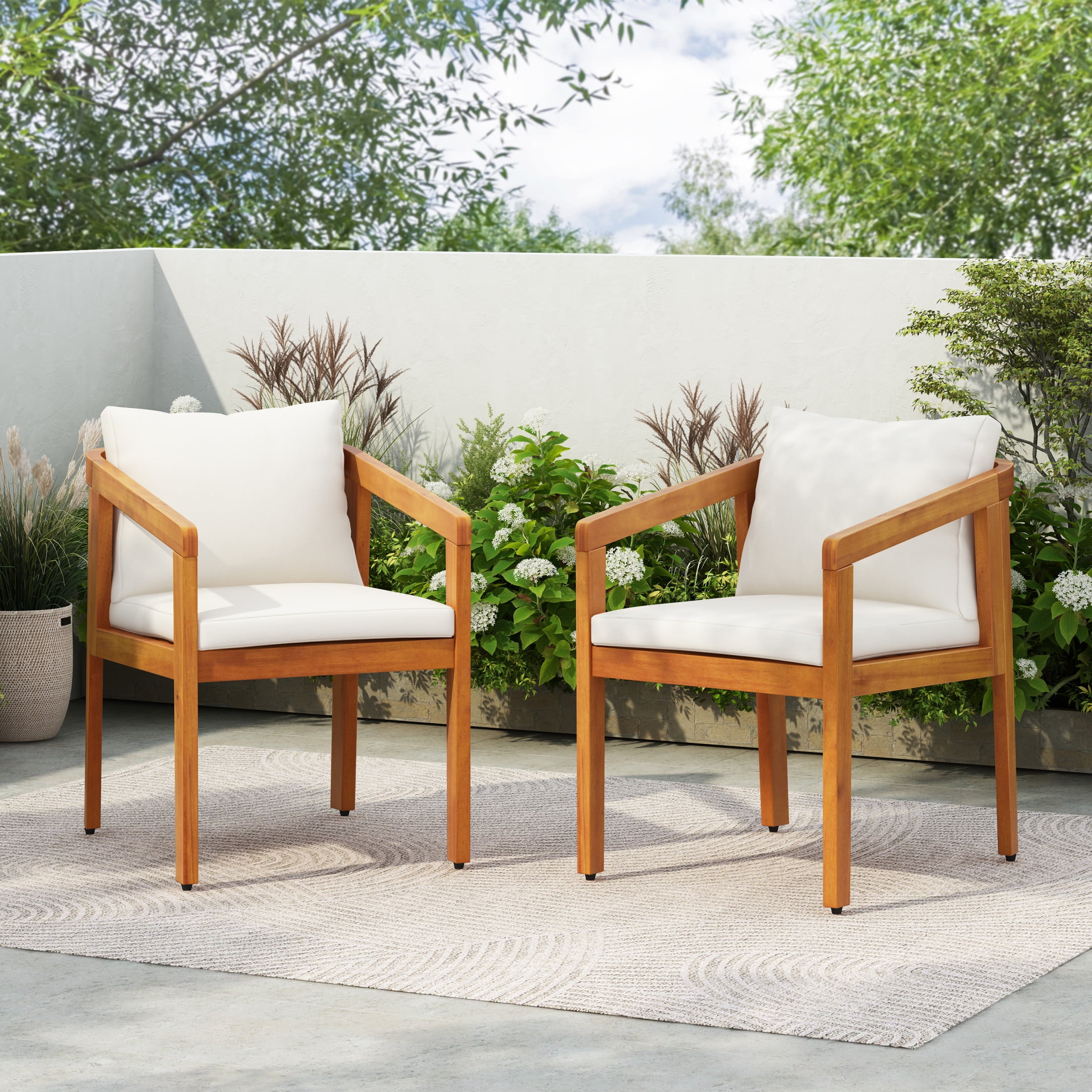 Christopher Knight Home Outdoor Armchair with Cushion, Solid Wood Frame, Natural+Beige, Set of 2 ...