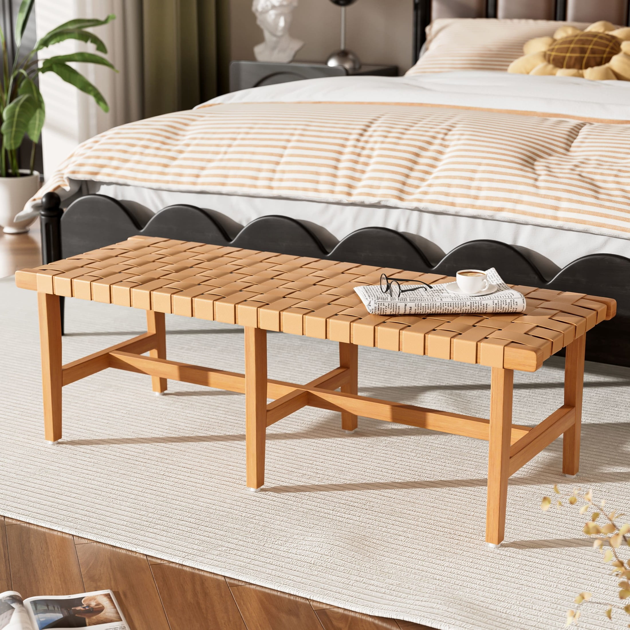 Christopher Knight Home Scandinavian Bench, Woven PU Leather Seat ...