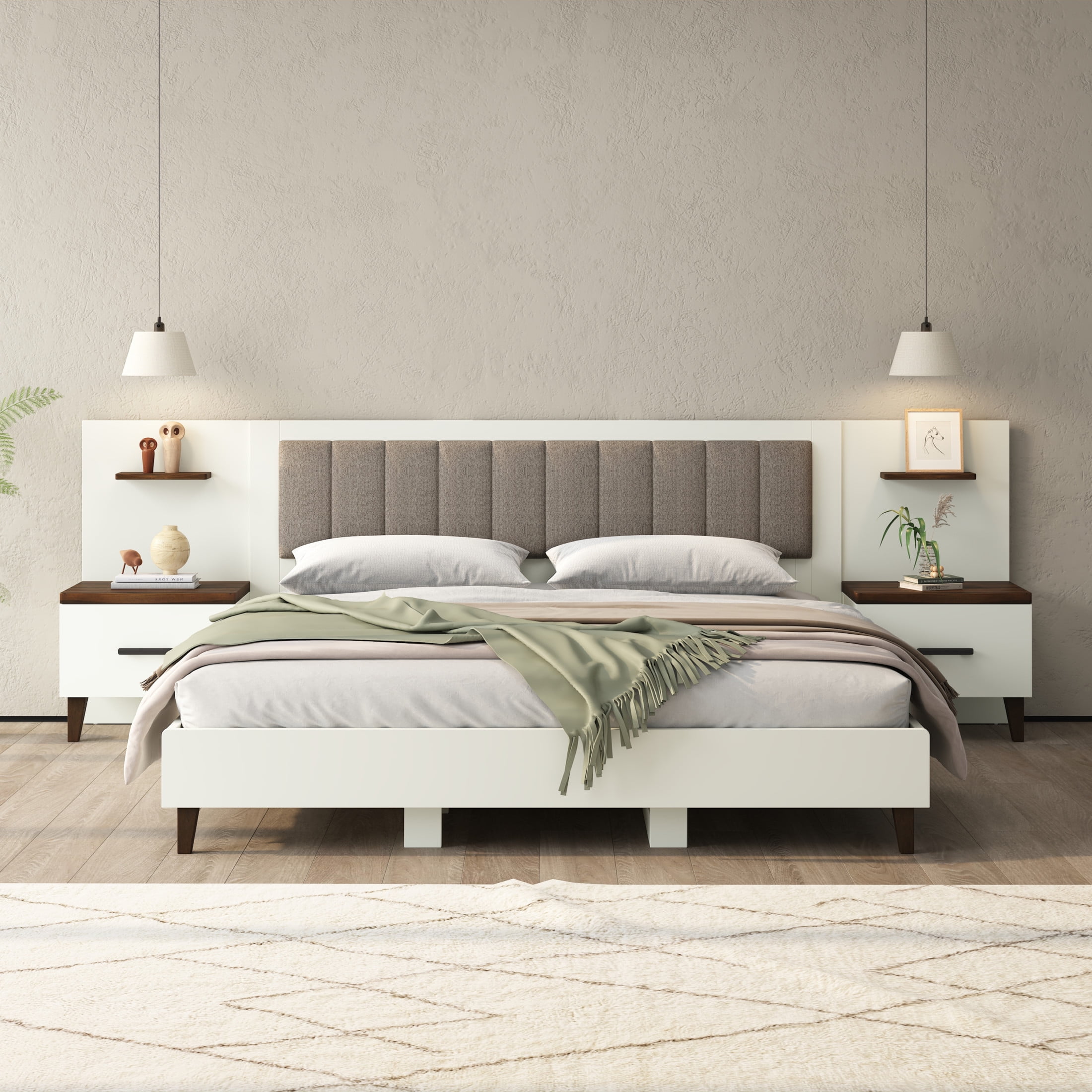 Christopher Knight Home Upholstered King Bed Frame with 2 Nightstands & Floating Shelves, Brown ...