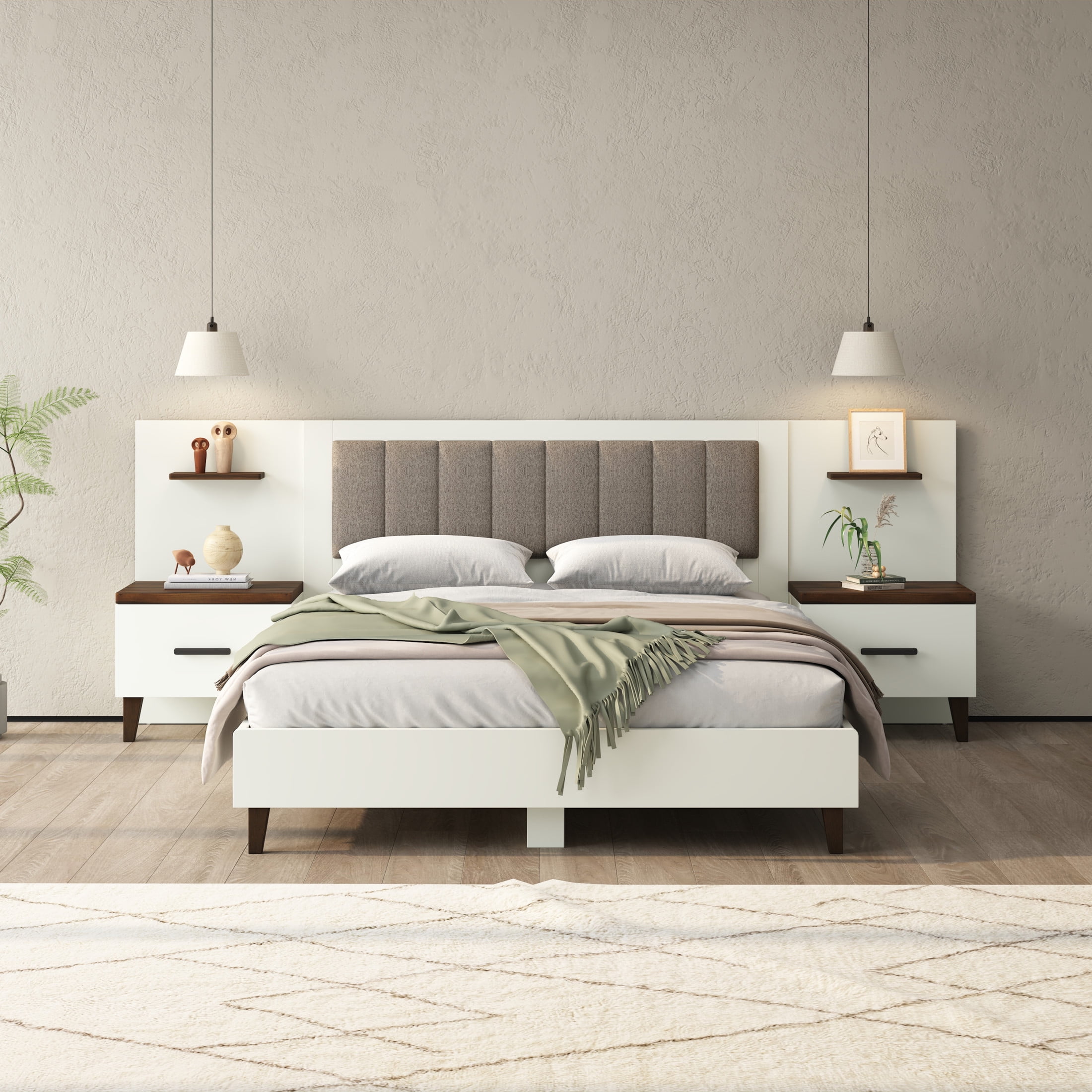 Christopher Knight Home Upholstered Queen Bed Frame with 2 Nightstands ...