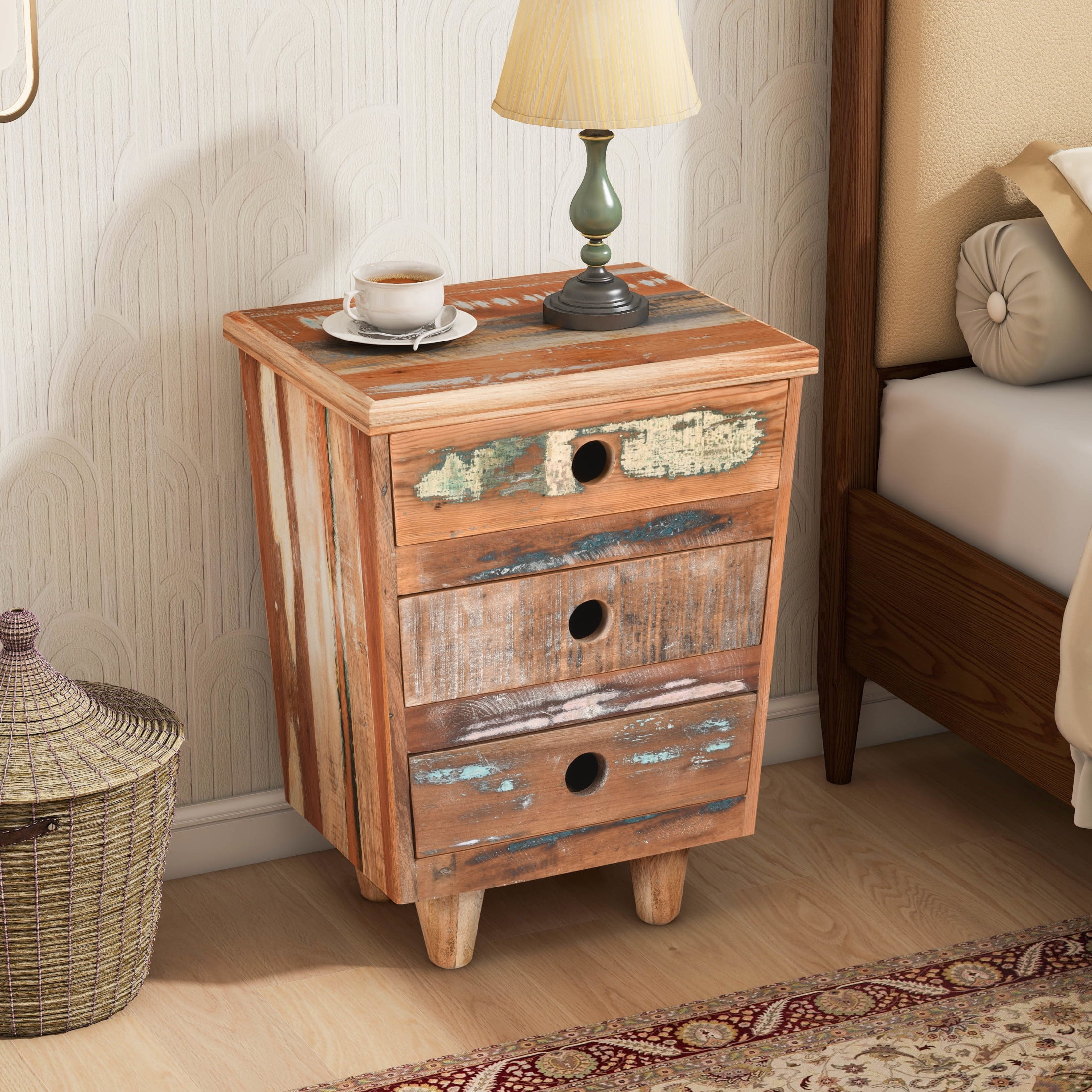 Christopher Knight Home Vintage Rustic Nightstand with 3 Drawers, Distressed Wood End Table ...