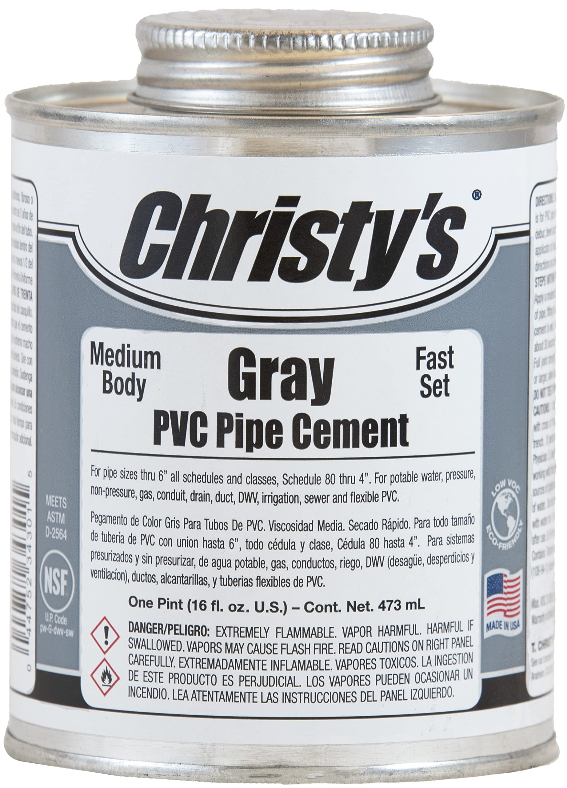 Christy's Gray PVC Cement - Medium Body, Fast-Set, Low-VOC, 1 Pint (16 ...