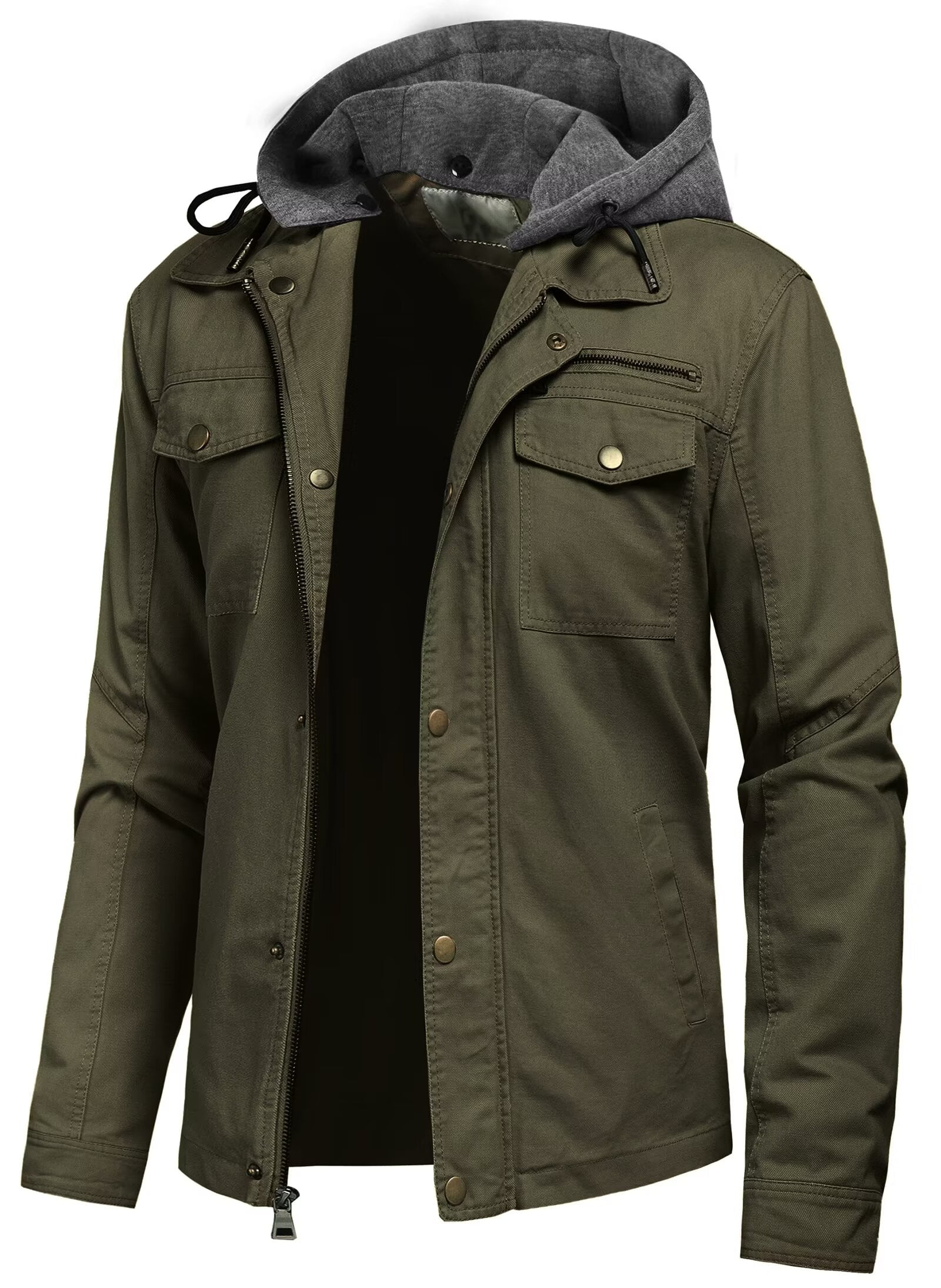 Chrisuno Men's Casual Cotton Slim Fit Coat With Removable Hood Military ...