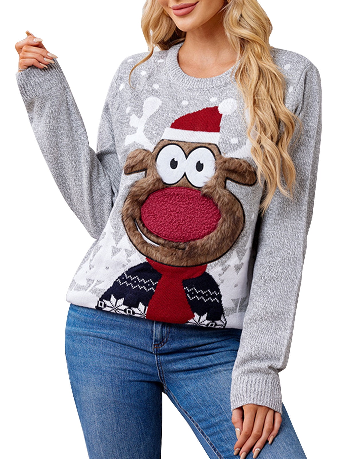 Chritsmas Sweaters for Women Crewneck Funny Reindeer 3D Embroidery Print Knit Cute Holiday Ugly ...