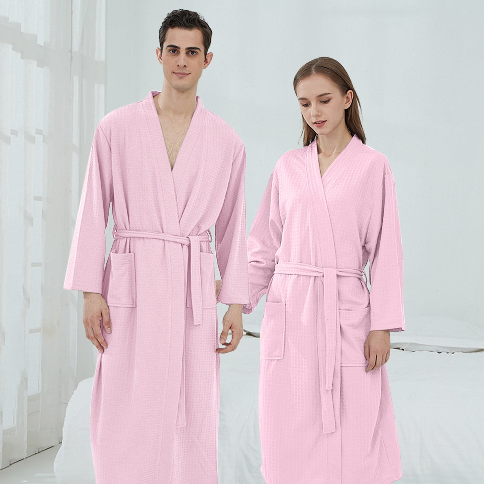 Chroia Couple's Polyester Bath Robe Set - Mens Hooded & Ladies Waffle Kimono Robe, White Blue ...