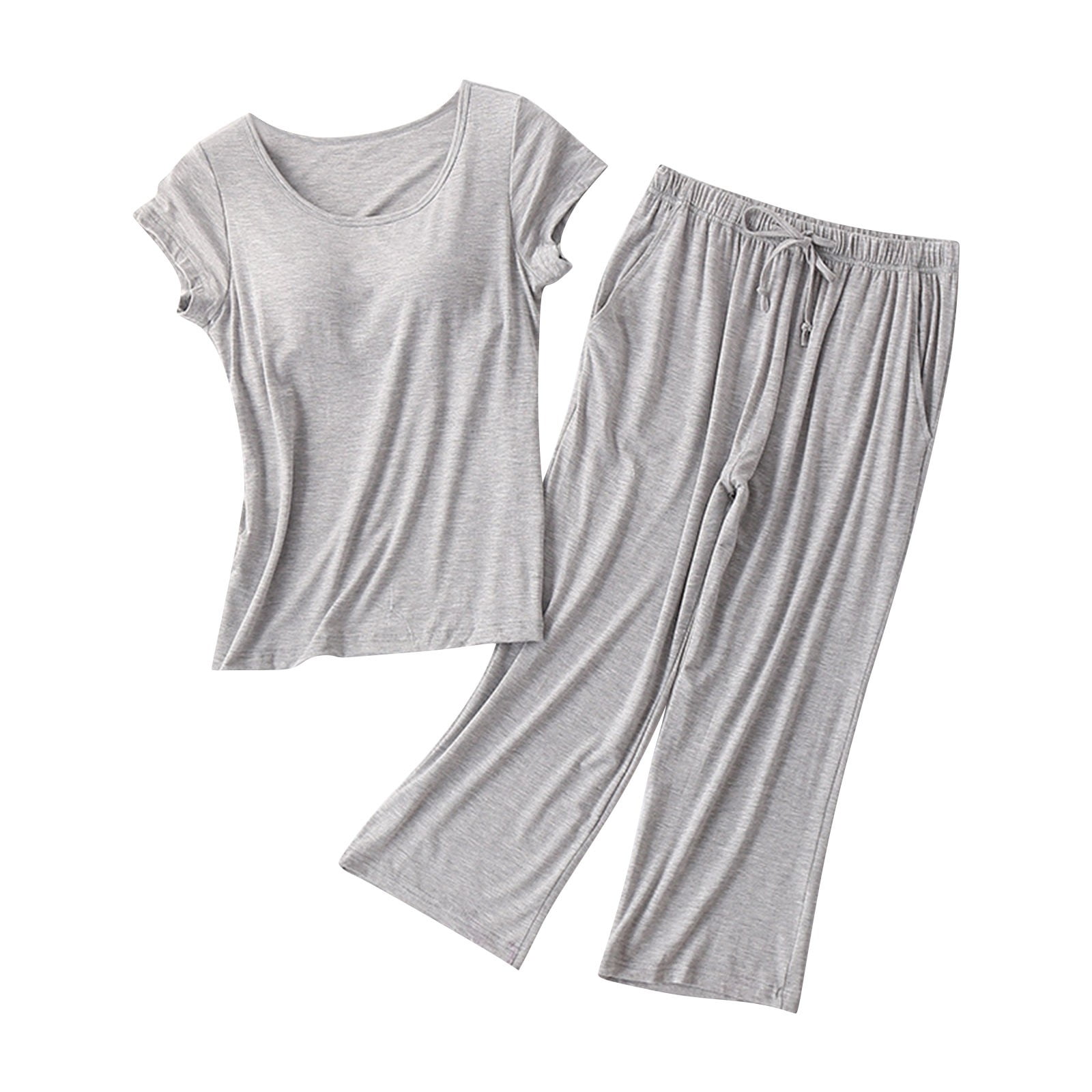 Chroia Women's Short Sleeve Pajamas Set, Soft Cotton Built-in Bra ...