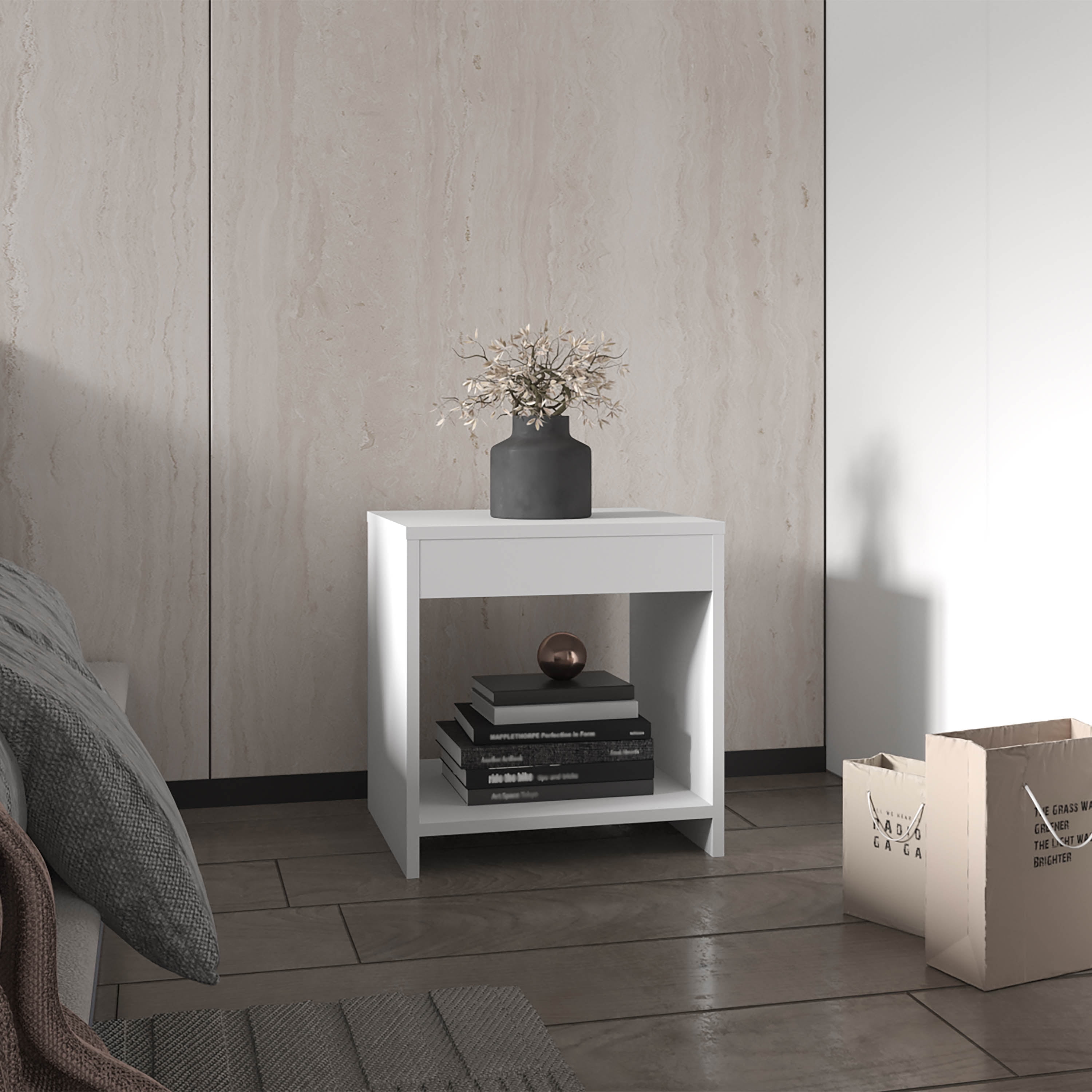 Chroma 16.5" Tall Minimalistic Nightstand with Open Shelf,White ...