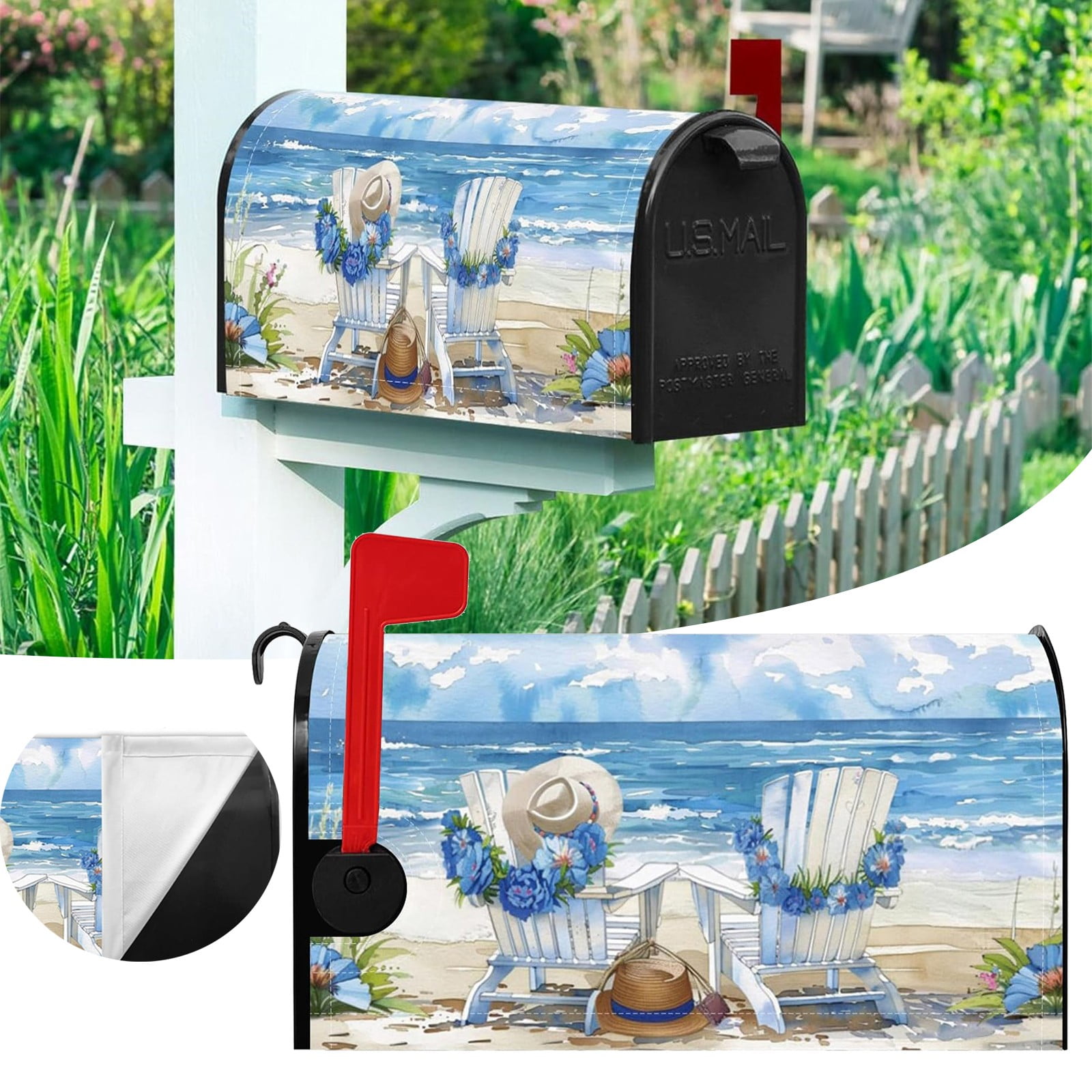 ChromaMuse Blue Mailbox Watercolour Beachside Wood Chair Flower Leaves ...