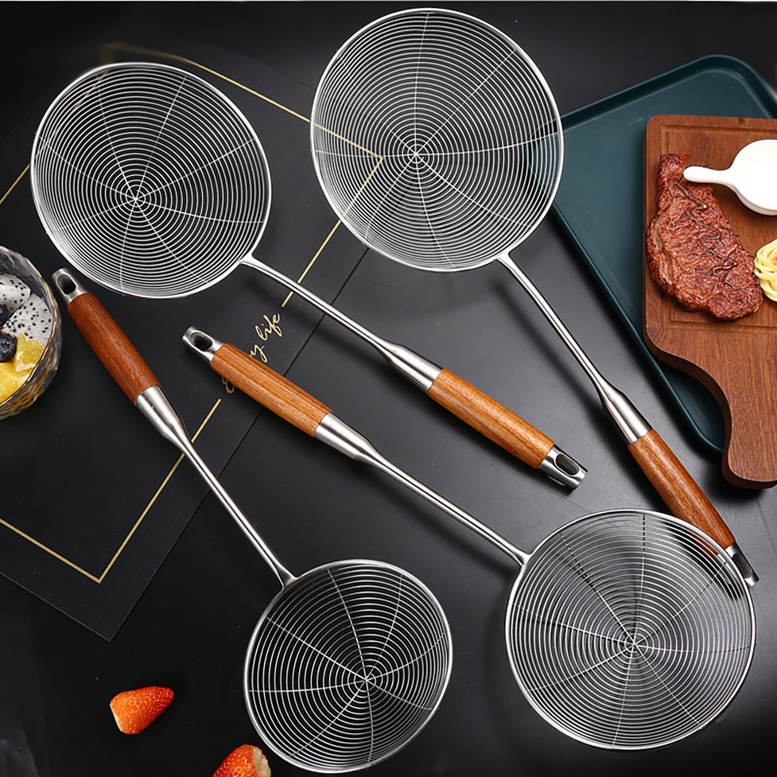 Chromalune Stainless Steel Slotted Spoon - Wooden Handle Kitchen ...