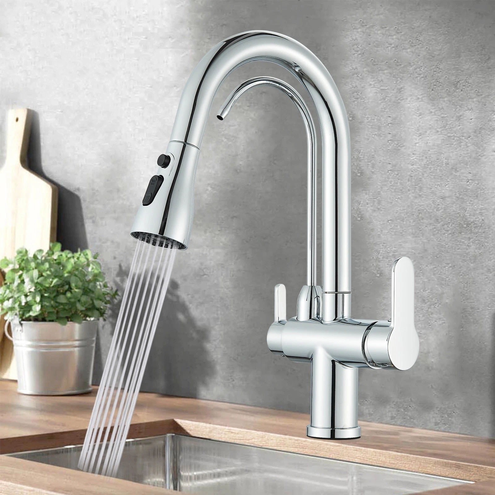 Chrome 3-Way Filter Kitchen Tap Pull Out Sprayer Dual Handle Sink Mixer ...