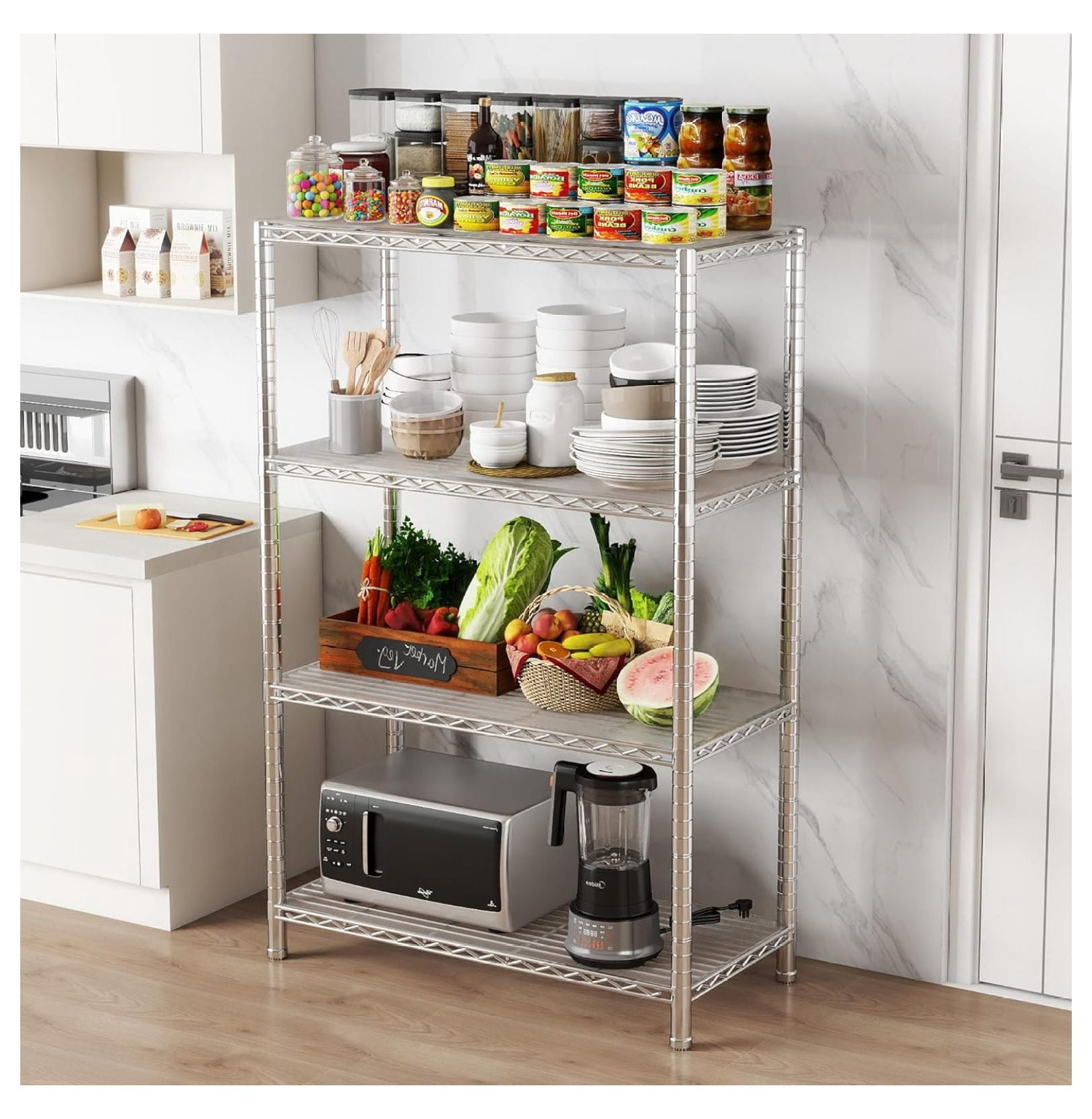 Chrome 4-Shelf Shelving Unit with Shelf Liners Set of 4, Adjustable ...