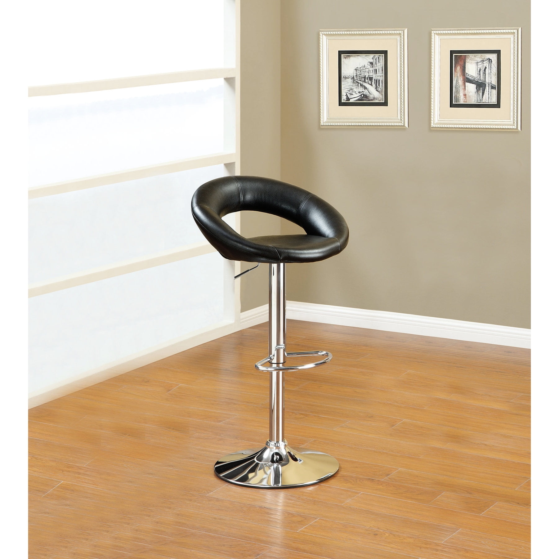 Chrome Base Feature / In Dining Room / Two Black Adjustable Bar Stools ...