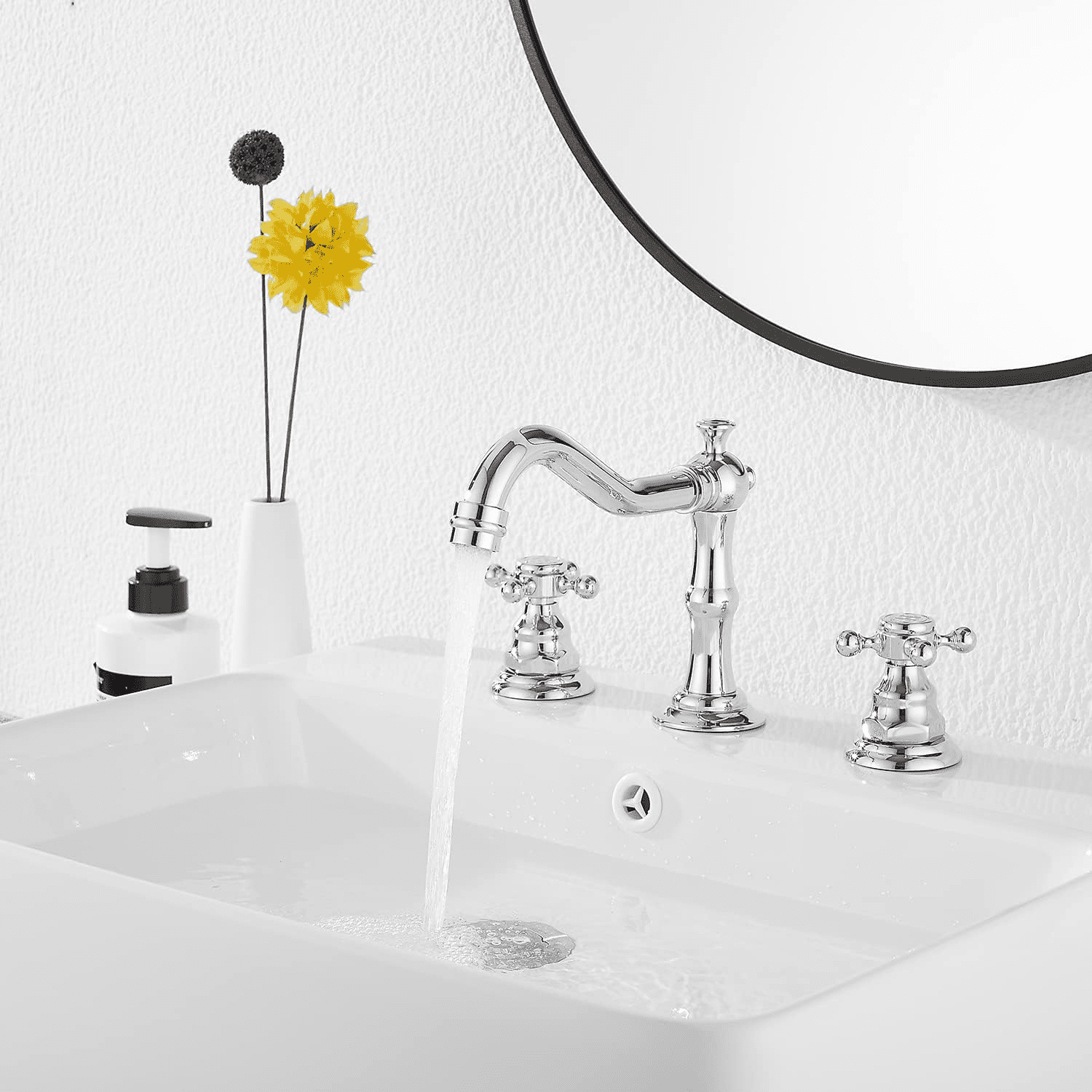 Chrome Bathroom Sink Faucet Three Holes Dual Handles Plum Handwheel ...