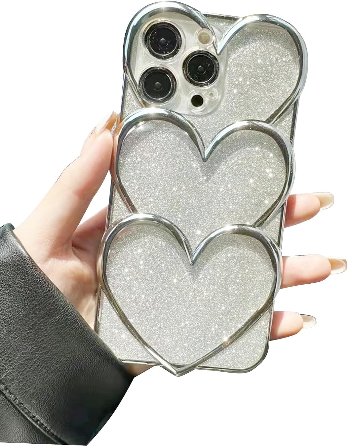 Chrome Case for Women/Girls, Silver Plated Stacked Hearts Bling Glitter ...