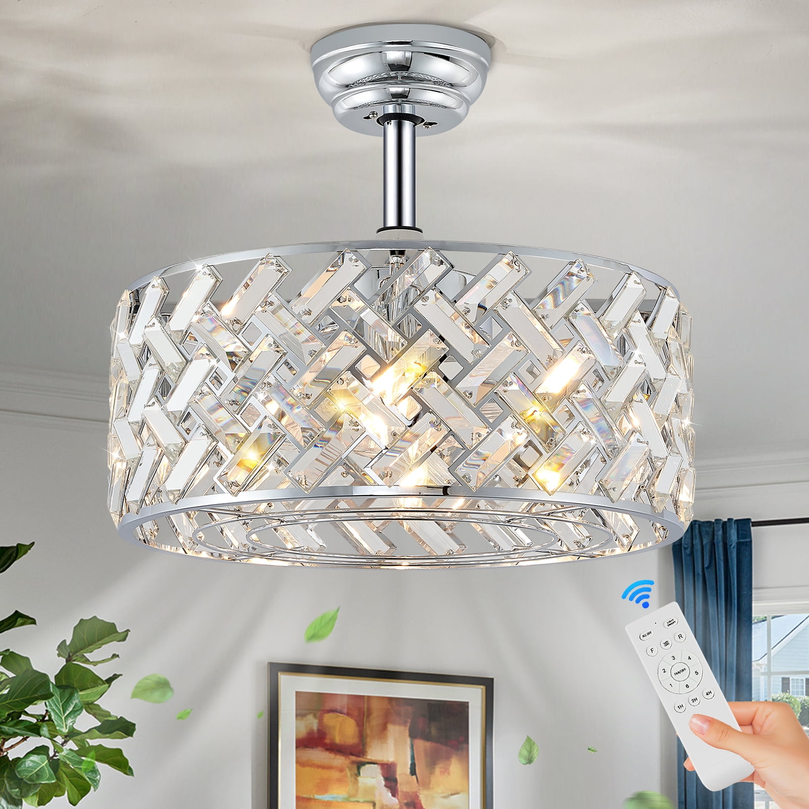 Chrome Crystal Caged Ceiling Fans with Light, 18" Bladeless Ceiling Fan ...