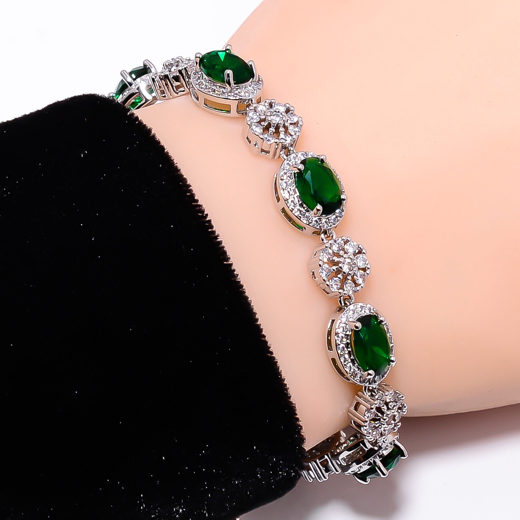 Chrome Diopside, CZ 925 Sterling Silver Adjustable Tennis Bracelet 7-8 ...