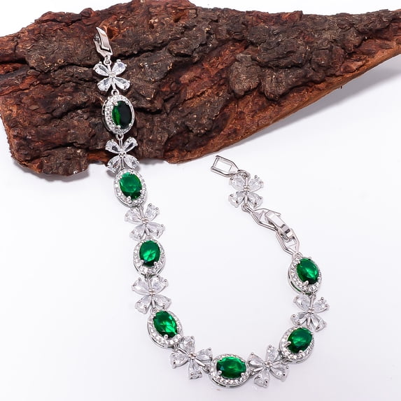 Chrome Diopside, CZ 925 Sterling Silver Adjustable Tennis Bracelet 7-8 ...