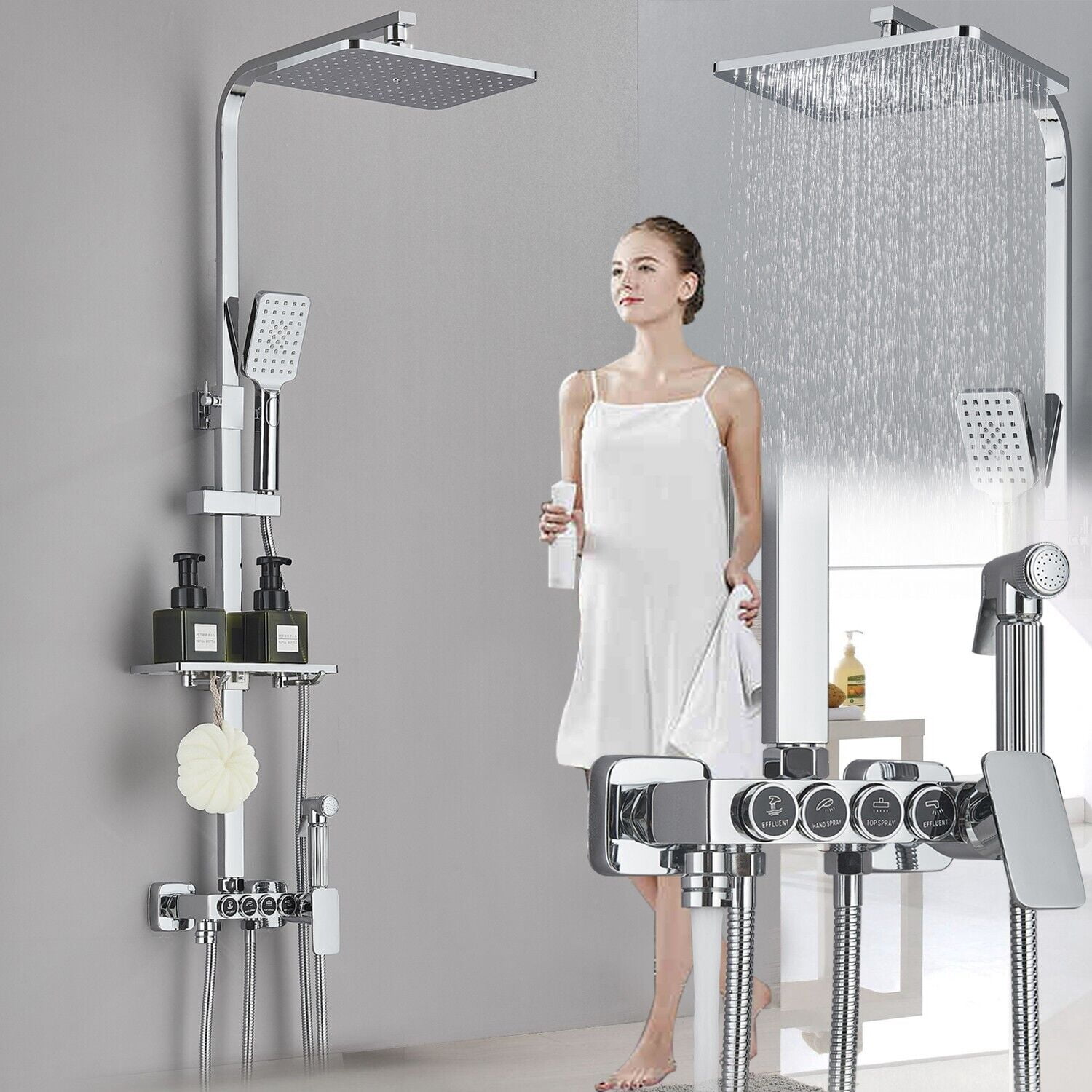 Chrome Exposed Shower Faucet System Rainfall Shower Fixtures Set with ...