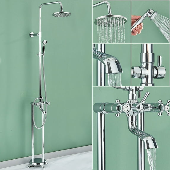 Chrome Freestanding Tub Faucet Floor Mount Exposed Rain Shower Faucet ...