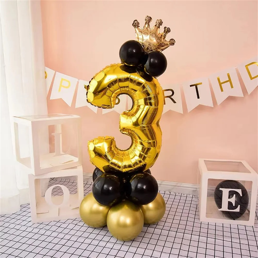 Chrome Gold Black 32inch 0-9 Number Foil Column Balloons Happy Birthday ...