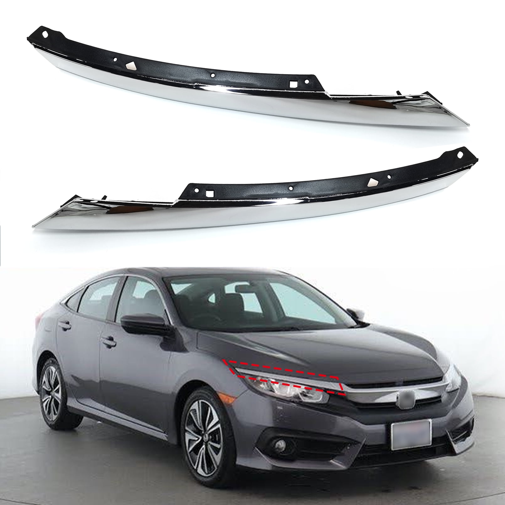 Fit 2016 2017 2018 Honda Civic Chrome Grille Headlight Eyelid Molding Trim LH+RH - Walmart.com