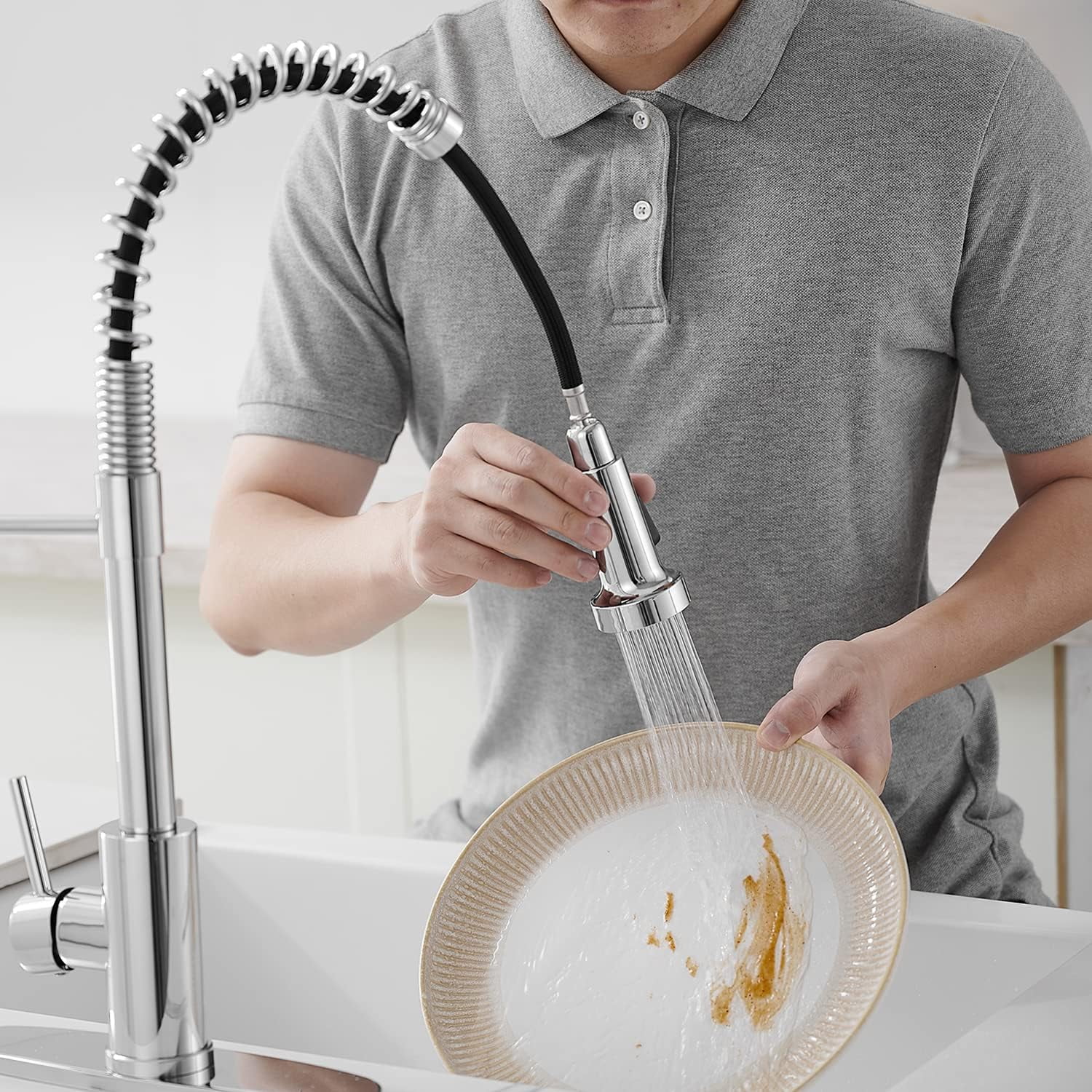 Chrome Kitchen Faucets with Pull Out Sprayer Commercial Spring Sink ...