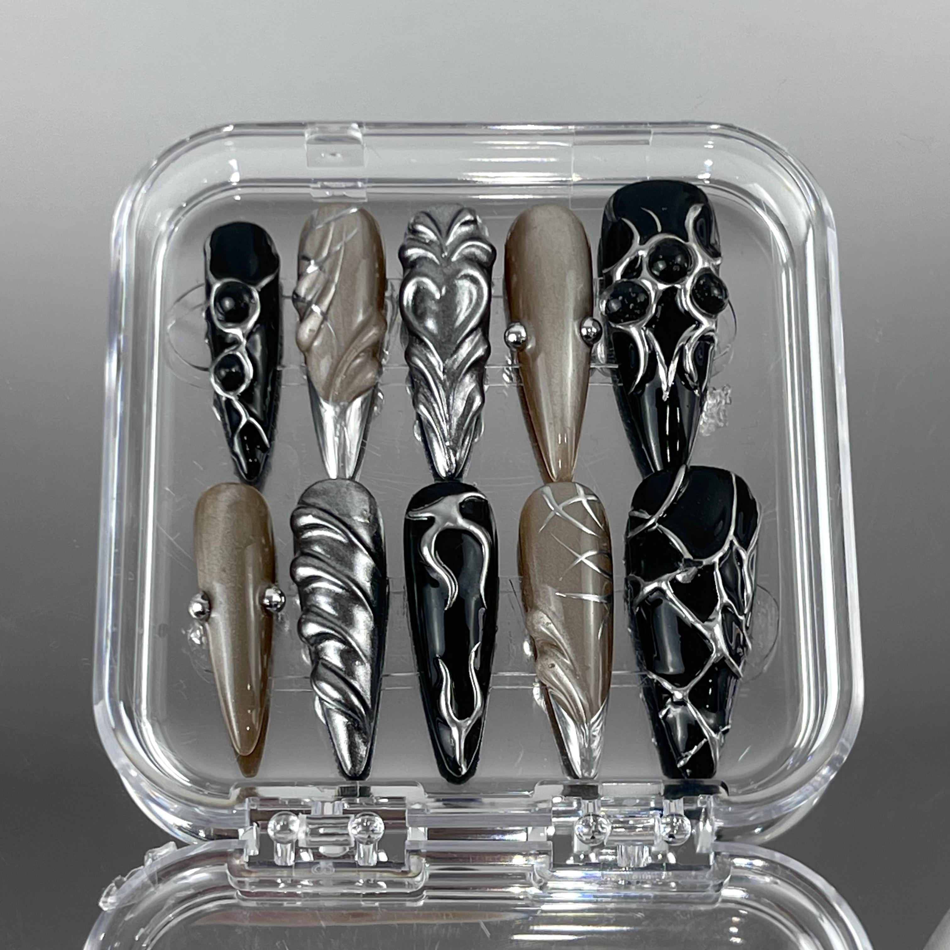 Chrome Noir,Custom Press On Nails, Almond Stiletto Square Nails, 3D ...