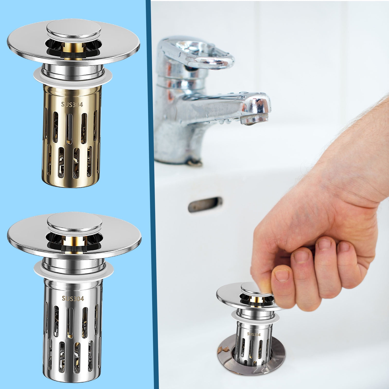 Chrome-Plated Bathroom Sink Pop-Up Drain Stopper with Anti-Odor Filter, US Standard Small ...