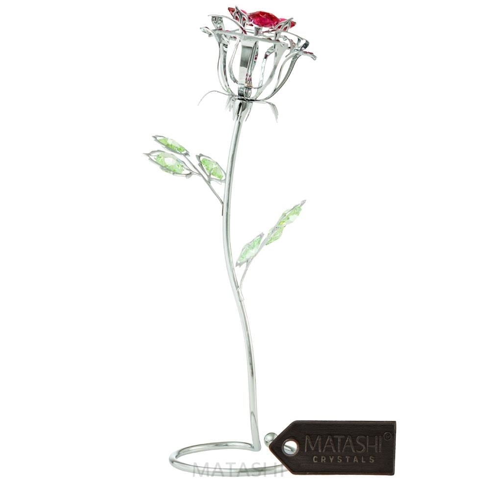 Chrome Plated Silver Rose Flower Tabletop Ornament w/ Red and Green ...