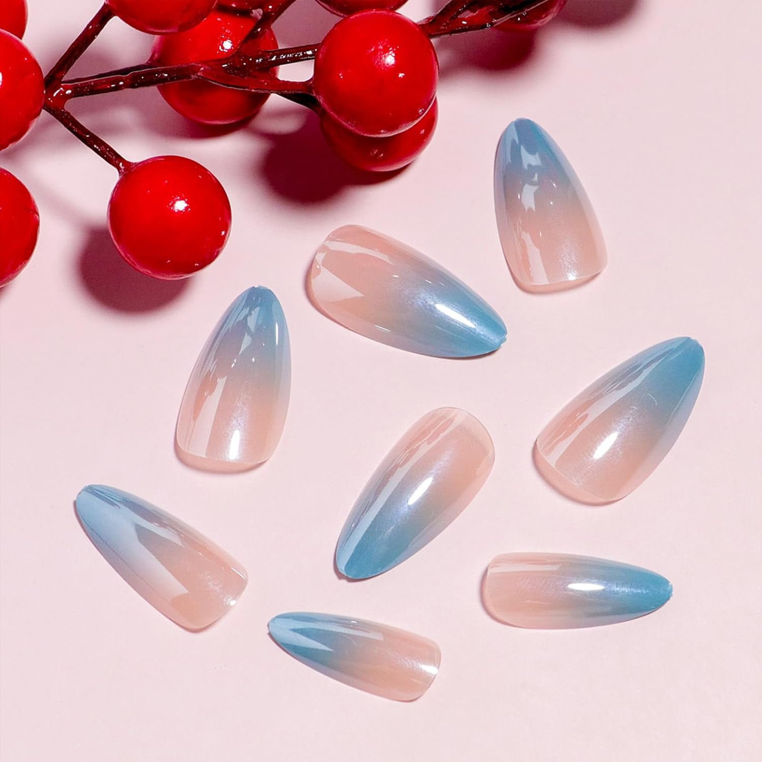 Chrome Press on Nails Almond Medium Fake Nails with Design Ombre Blue ...