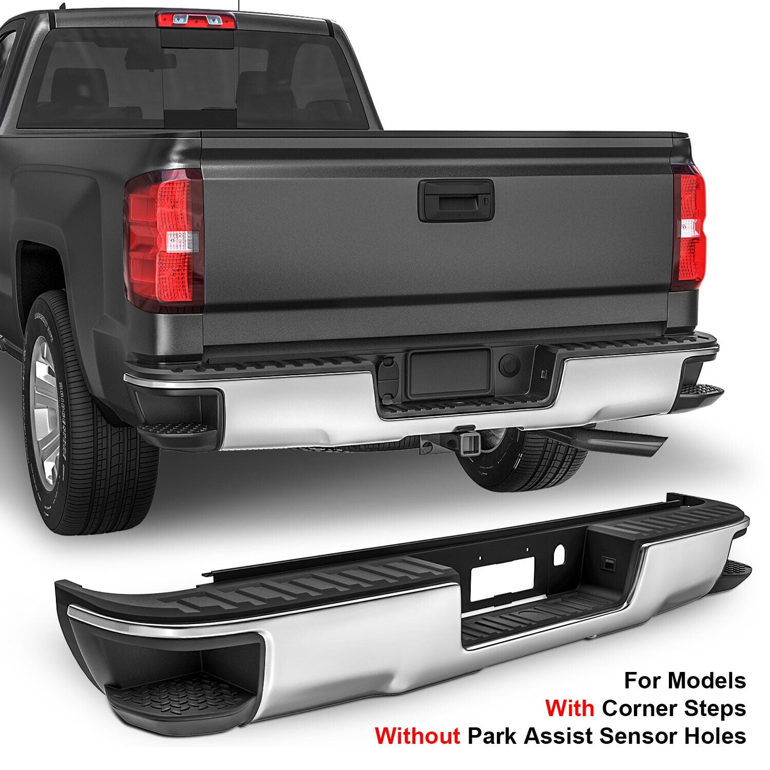MOSTPLUS Chrome Rear Bumper, 2014-2018 Chevy Silverado GMC Sierra 1500 ...