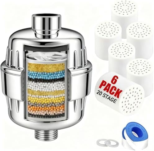 ® Chrome Shower Filter with KDF-55, Alkaline Carbon, Vitamin C & E | 6 Cartridges Hard-Water ...