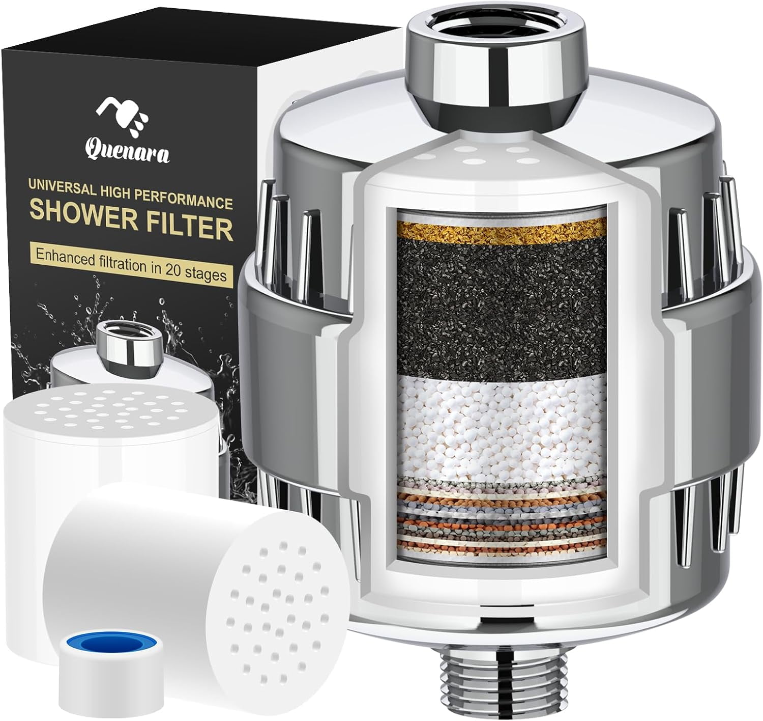 Chrome Shower Filter Upgrade, 20-Stage High Output Water Filter with 2 Replaceable Cartridges ...