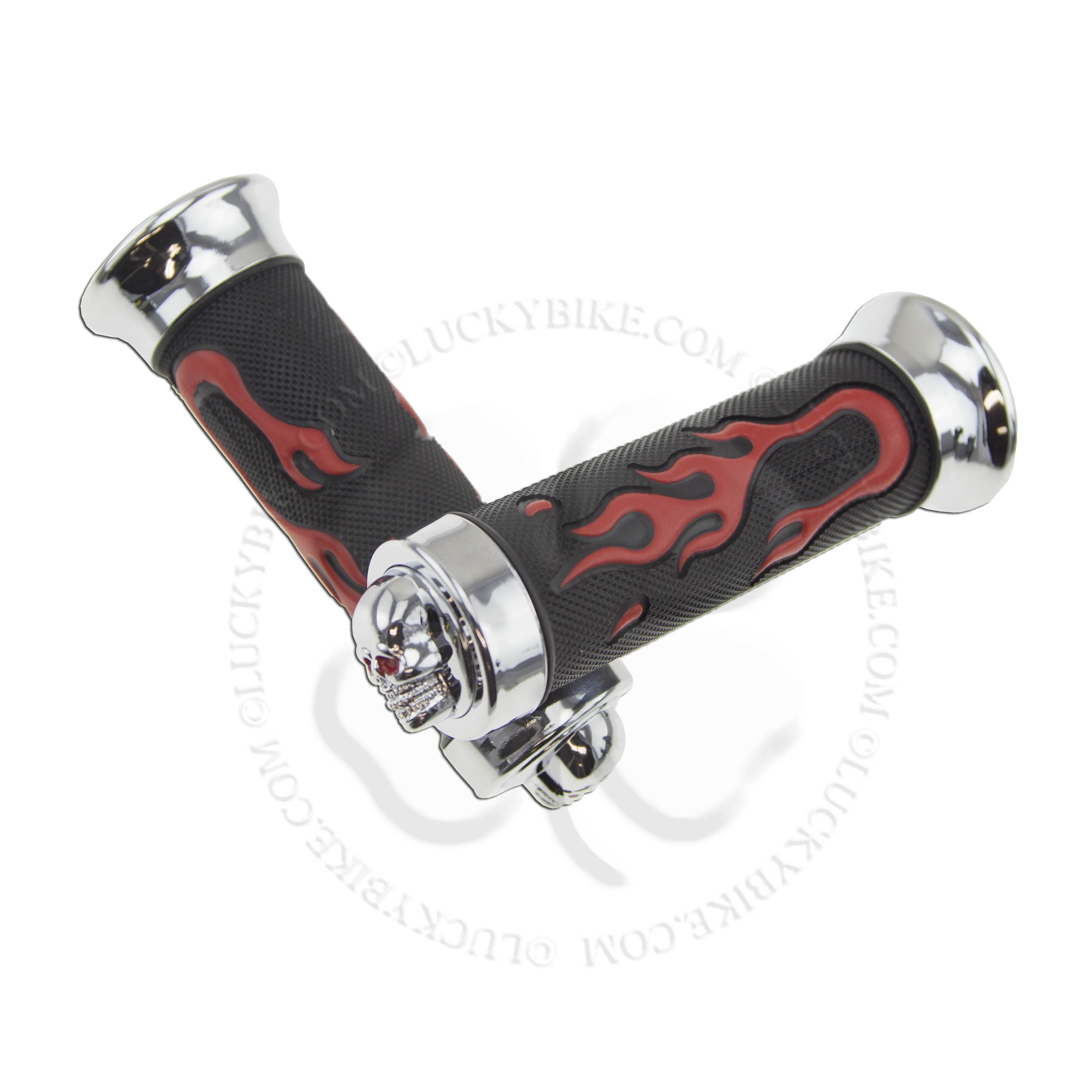 Chrome Skull Red Flame Hand Grips 7/8" 22mm Handlebar Rubber Cruiser ...